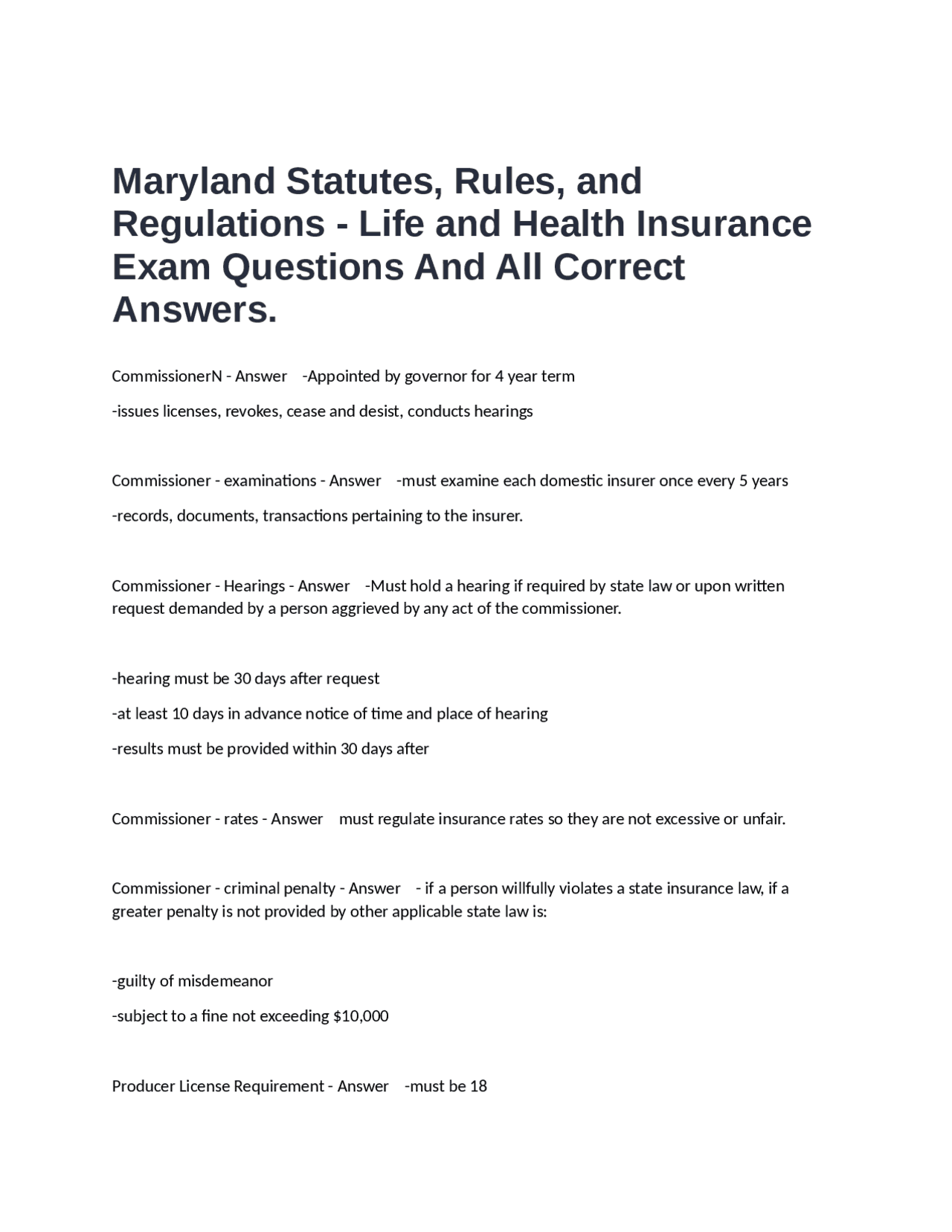 Maryland Insurance Licensing Exam Questions and Answers | Exams ...