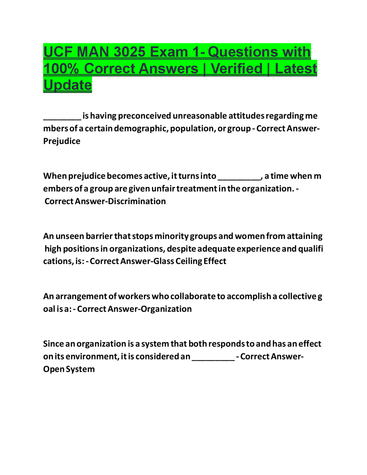 MAN 3025 Exam 1: Questions and Answers - Organizational Behavior and ...