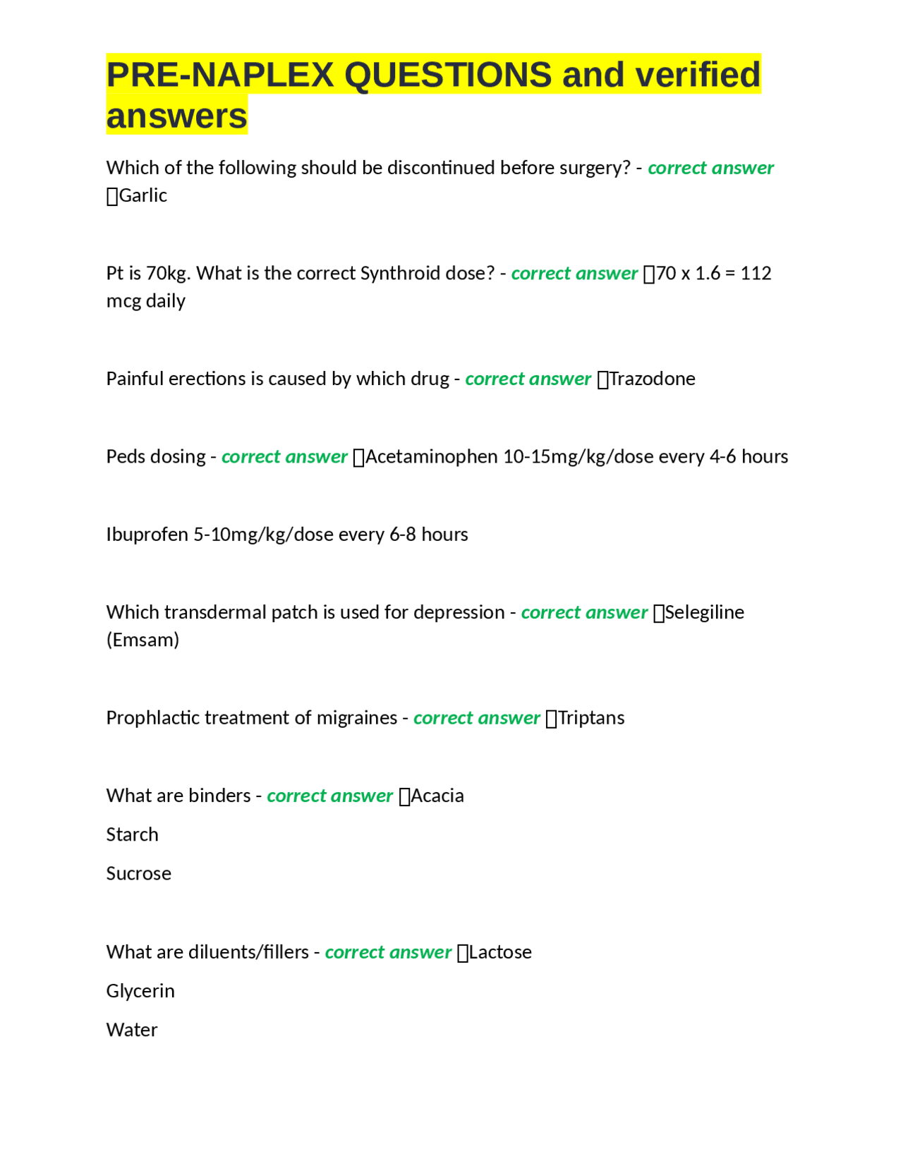 Pre-NAPLEX Questions and Answers for Pharmacy Students | Exams Nursing ...