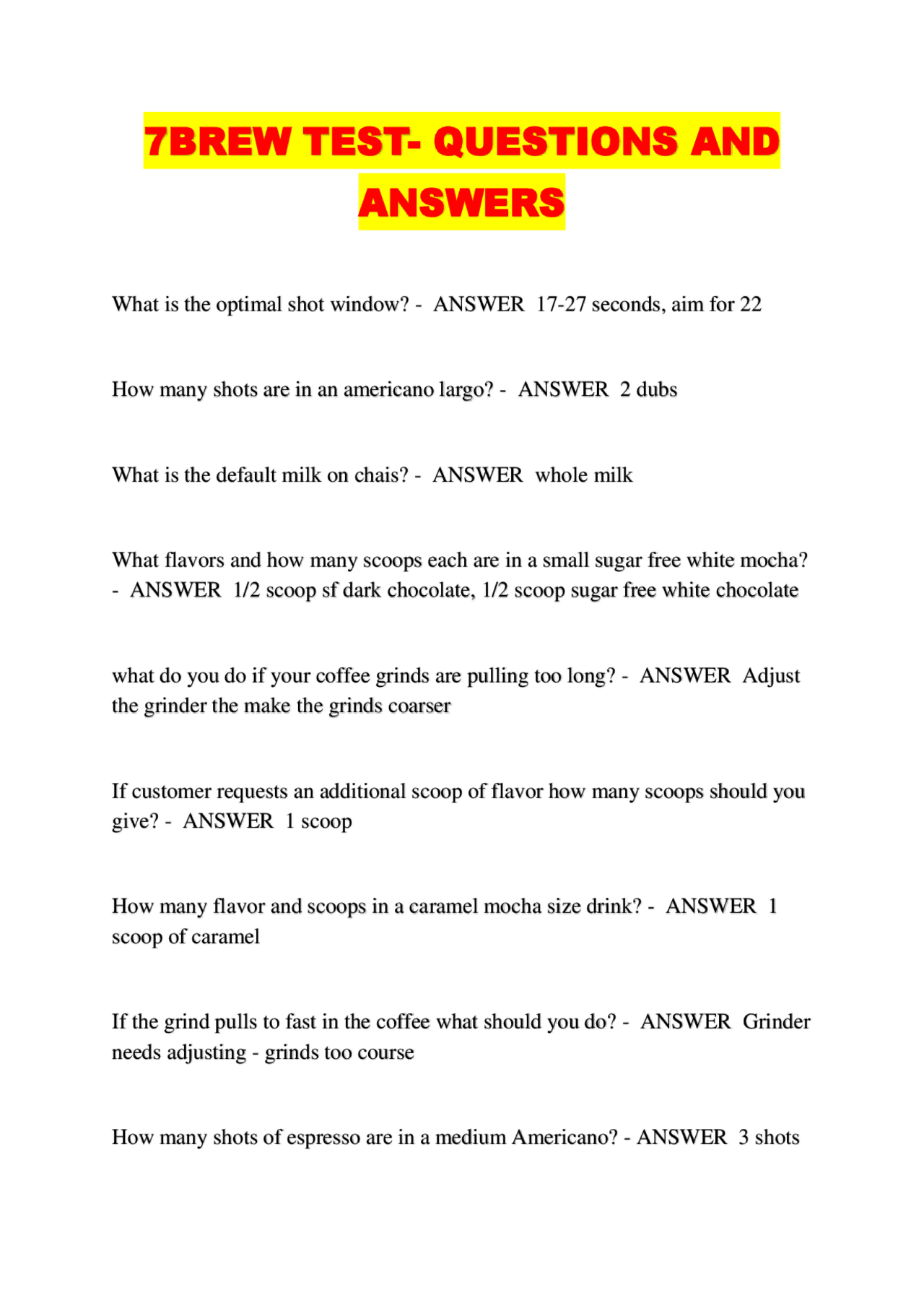 7Brew Test - Questions and Answers for Coffee Shop Operations | Exams ...