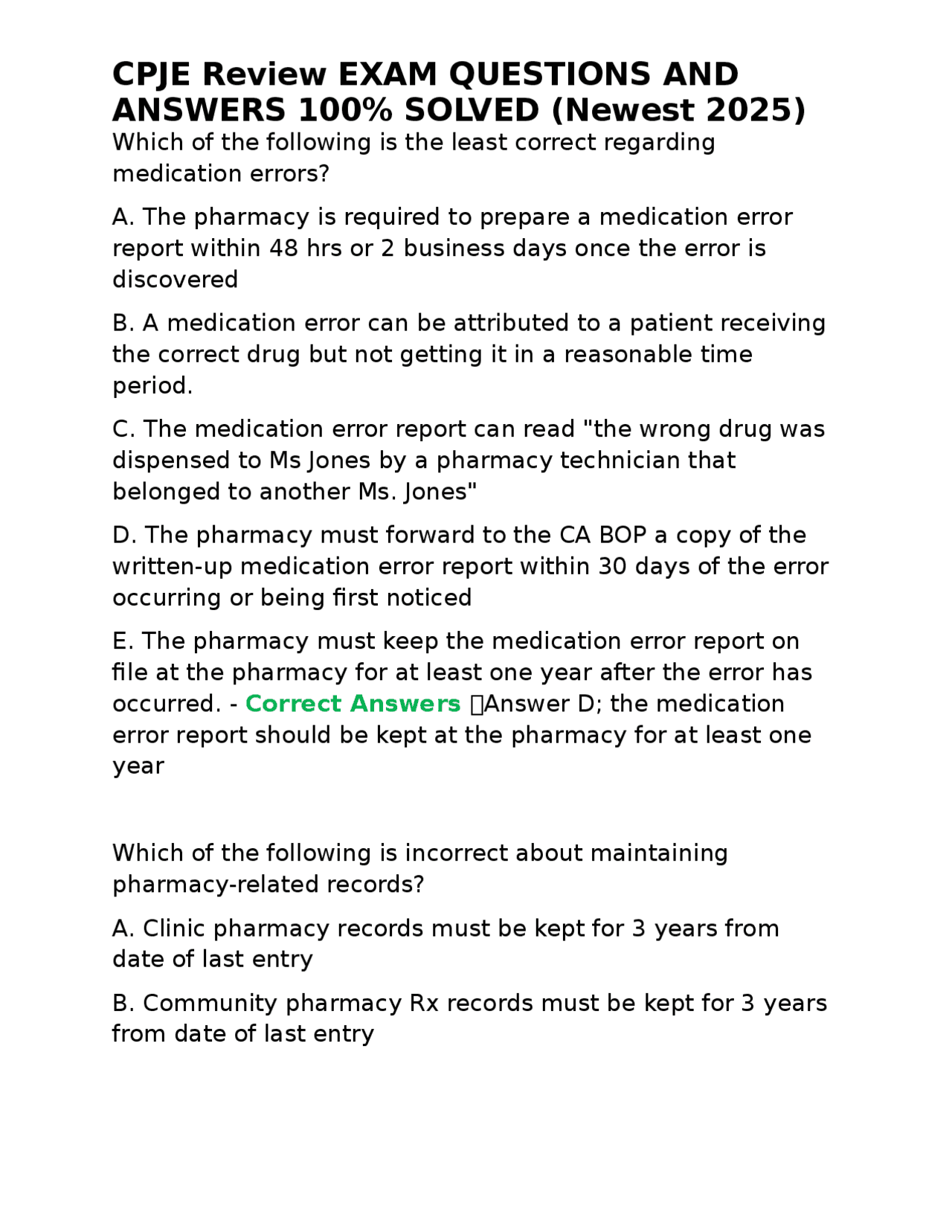 CPJE Review Exam Questions and Answers: Pharmacy Law and Practice ...