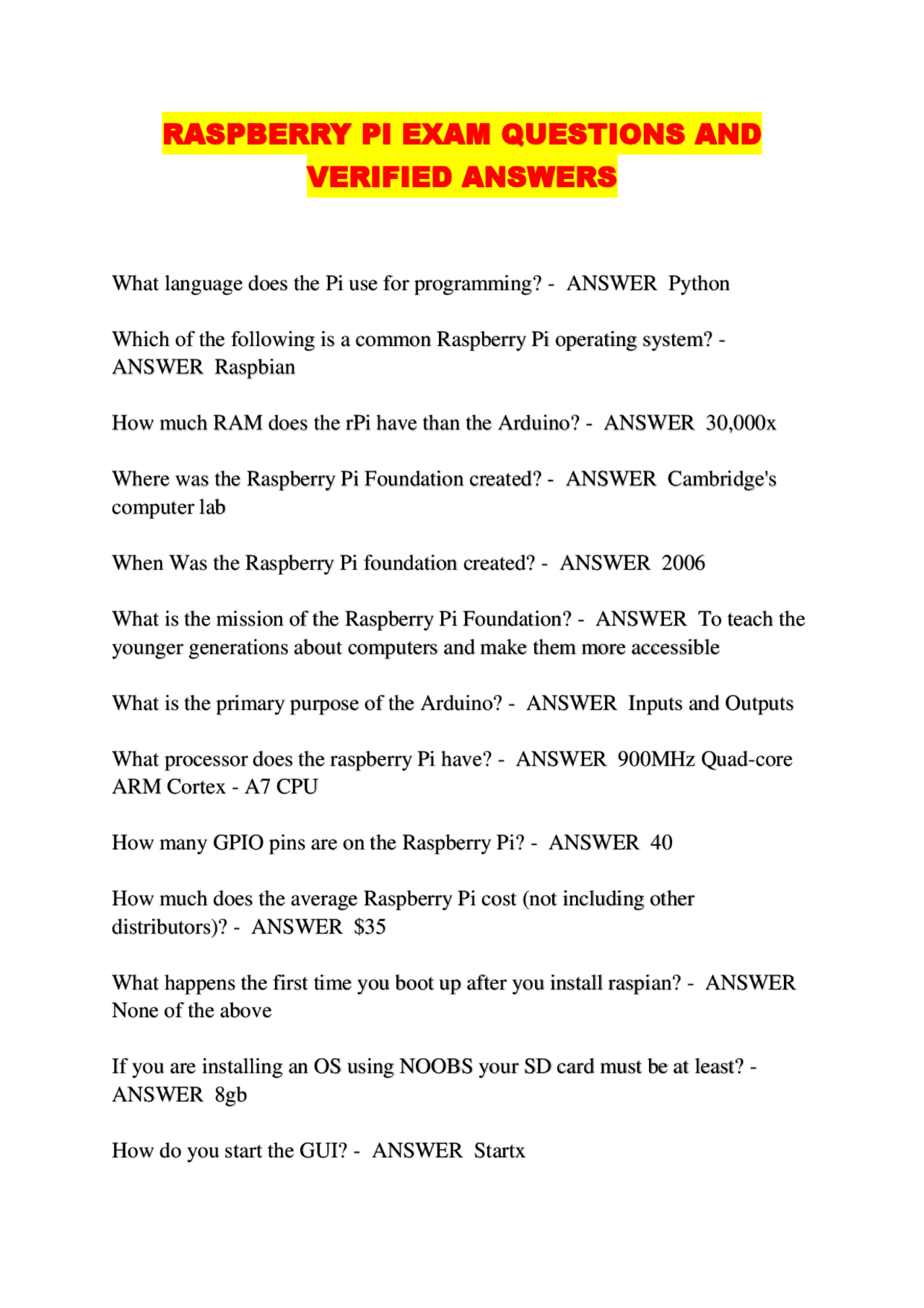 RASPBERRY PI EXAM QUESTIONS AND VERIFIED ANSWERS | Exams Computer Science | Docsity