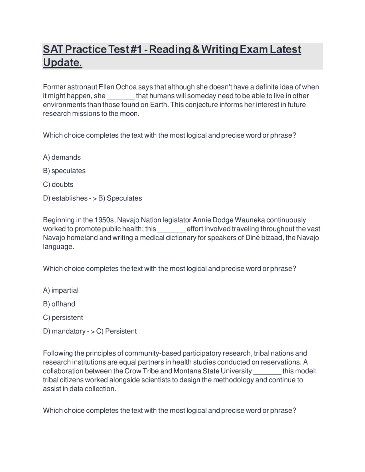 SAT Practice Test #1 - Reading & Writing Exam: Exercises and Questions ...