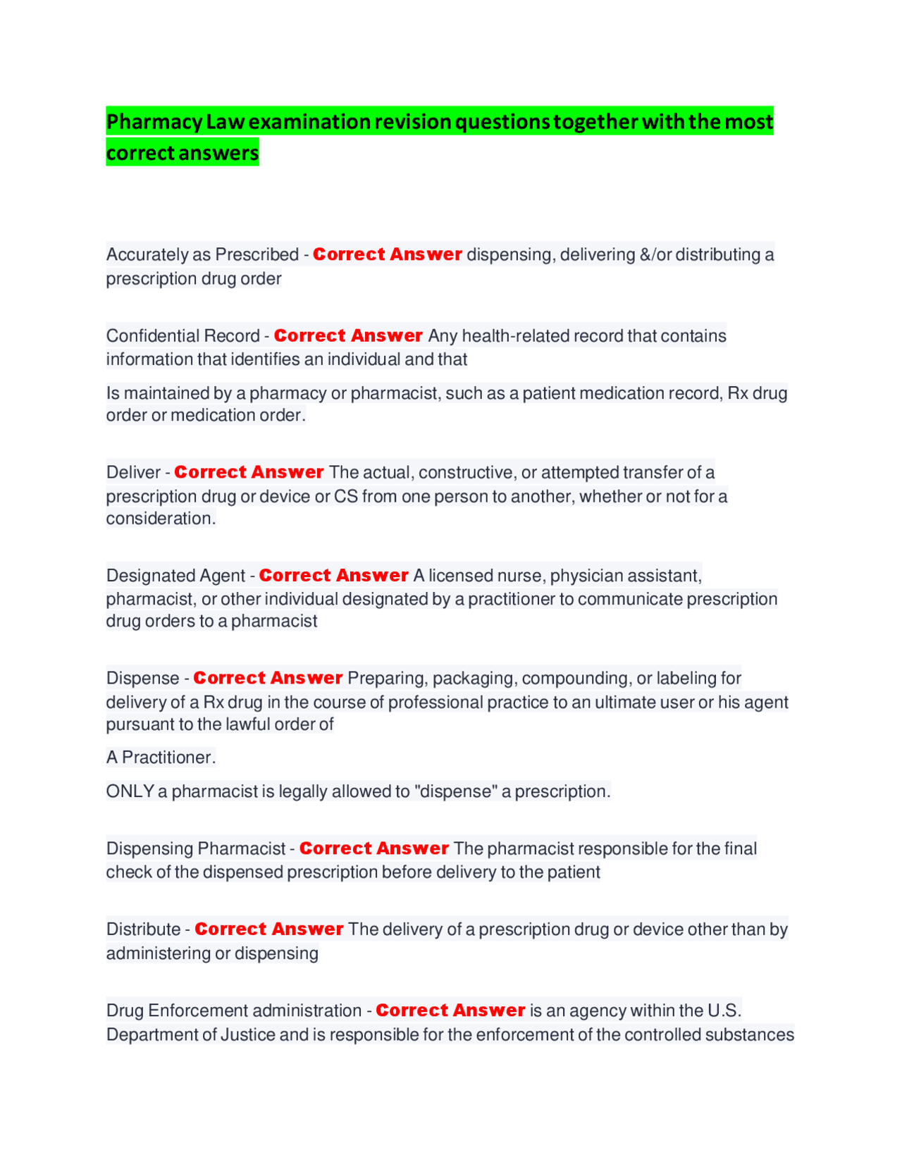 Pharmacy Law Examination Revision Questions and Answers | Exams ...