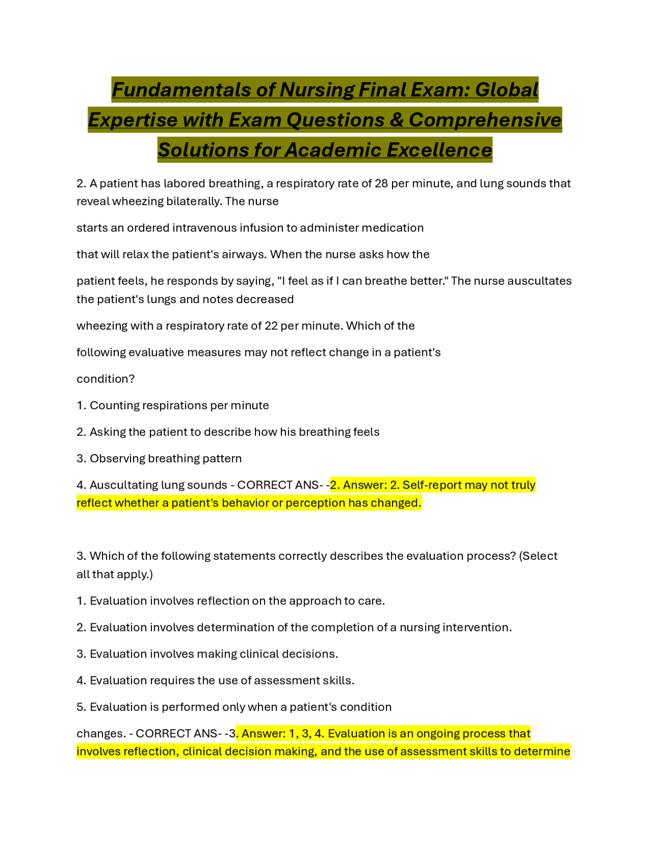 Fundamentals Of Nursing Final Exam