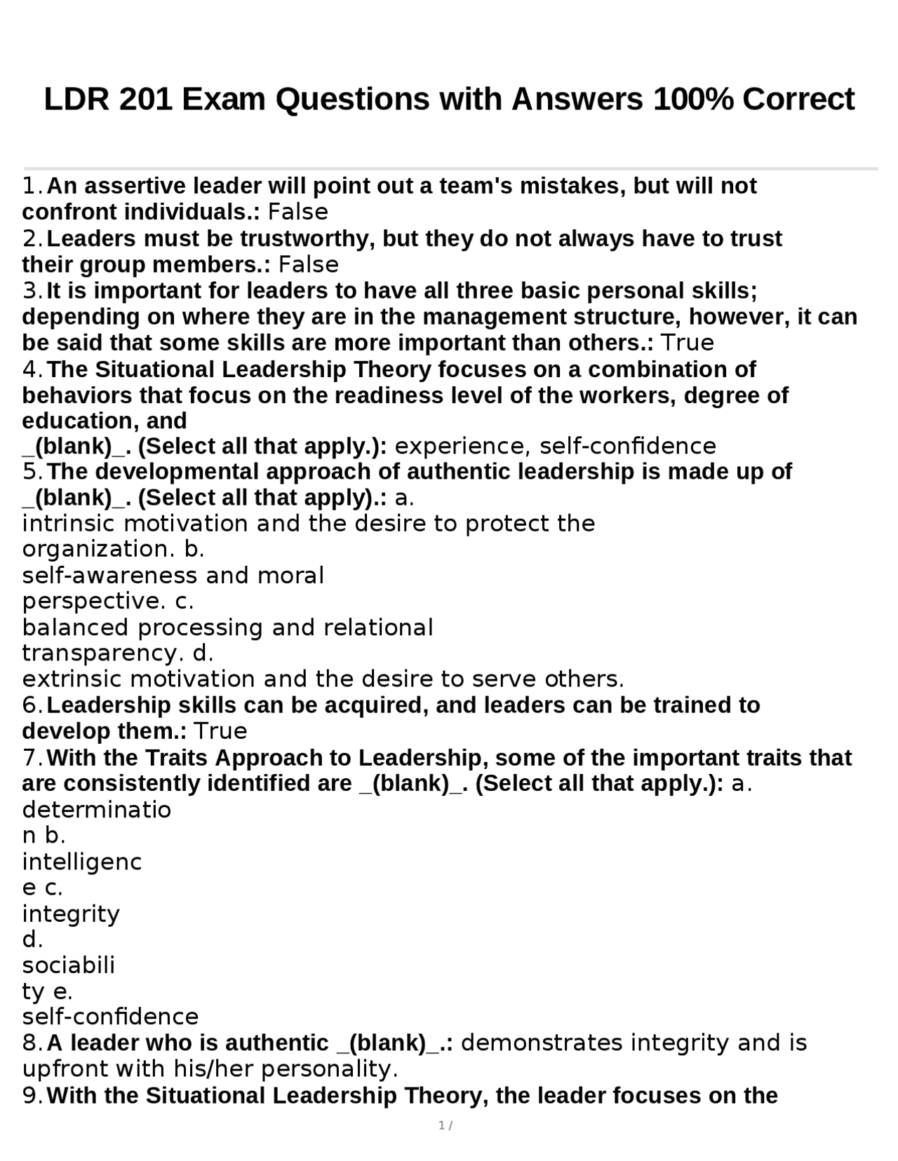 LDR 201 Exam Questions & Answers: Leadership & Critical Thinking Guide ...