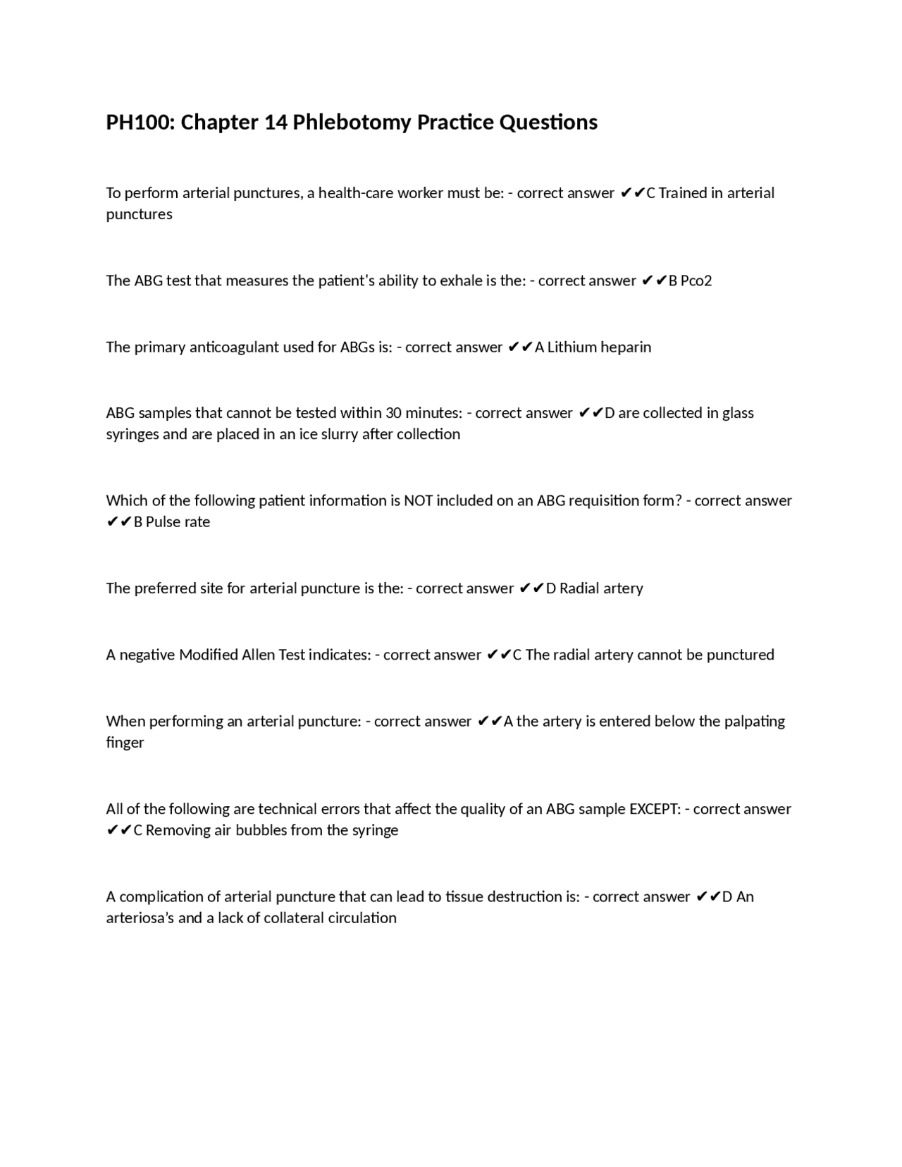 PH100: Chapter 14 Phlebotomy Practice Questions | Exams Nursing | Docsity