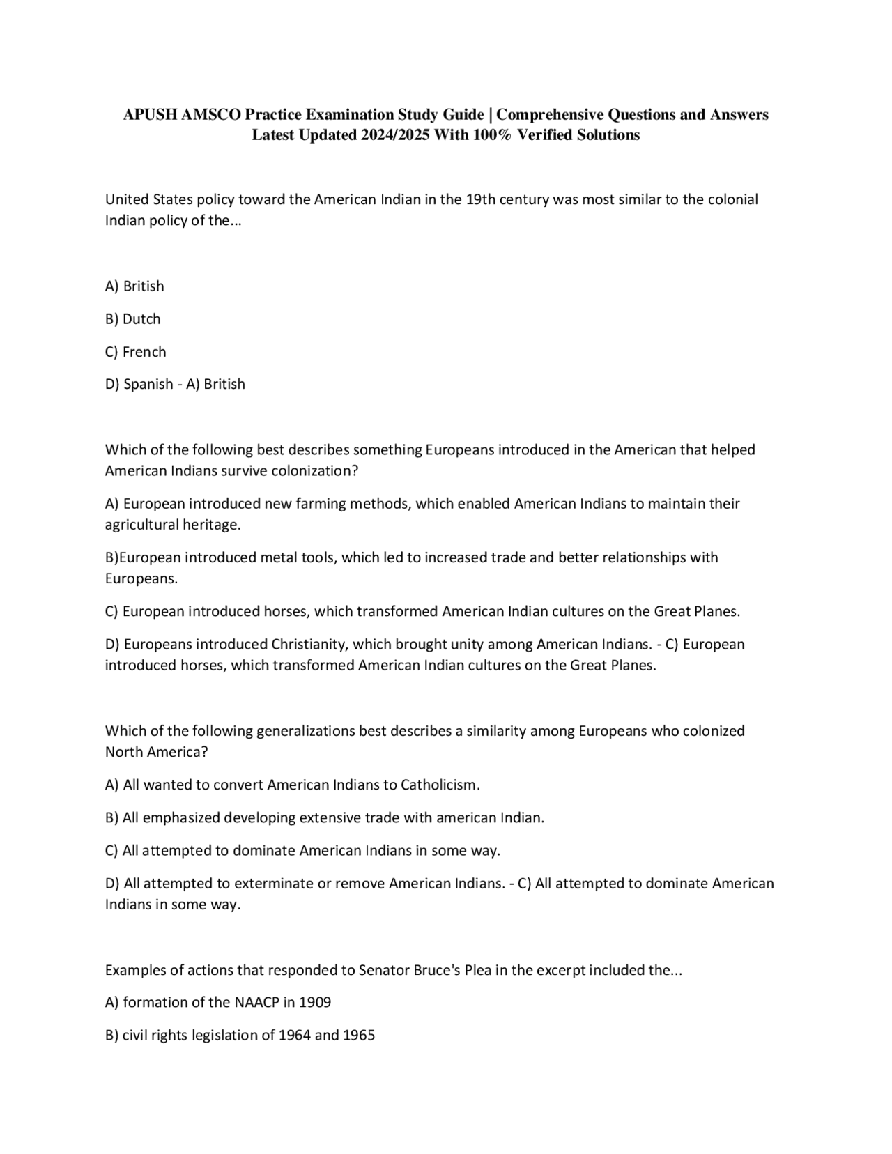 APUSH AMSCO Practice Examination Study Guide: Comprehensive Questions ...