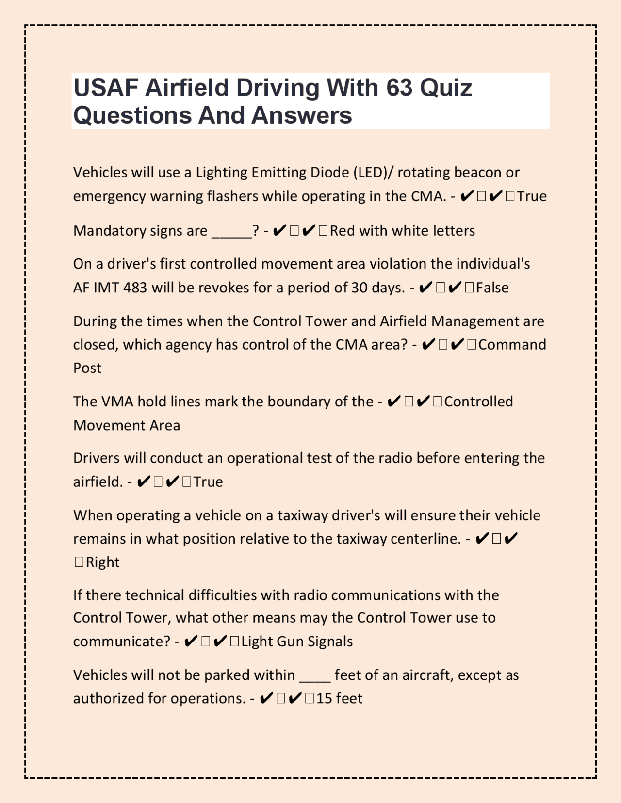 USAF Airfield Driving Quiz: 63 Questions and Answers | Exams Military ...