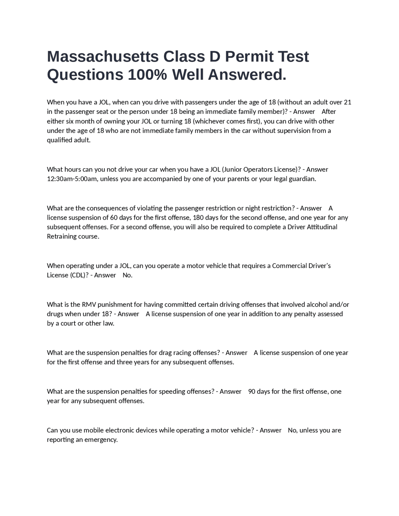 Massachusetts Class D Permit Test Questions and Answers | Exams ...