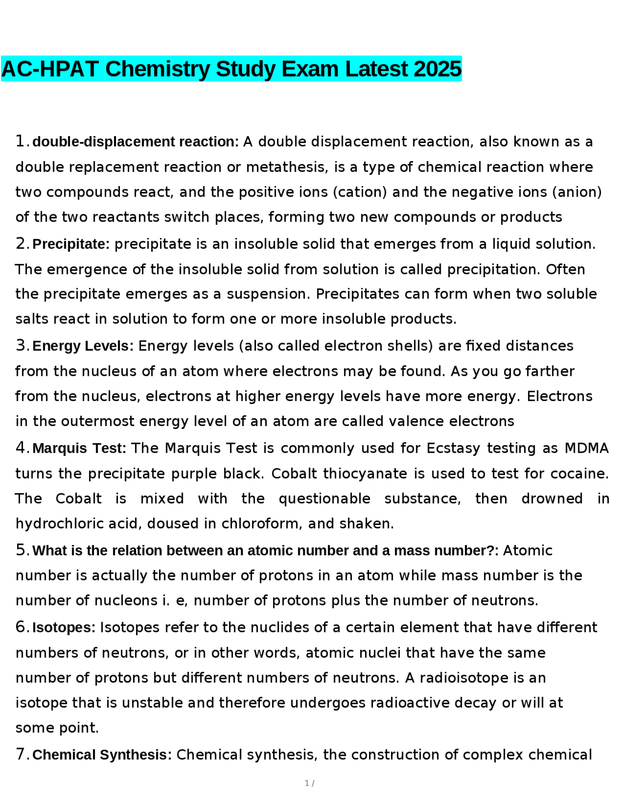 AC-HPAT Chemistry Study Exam Latest 2025 | Exams Chemistry | Docsity