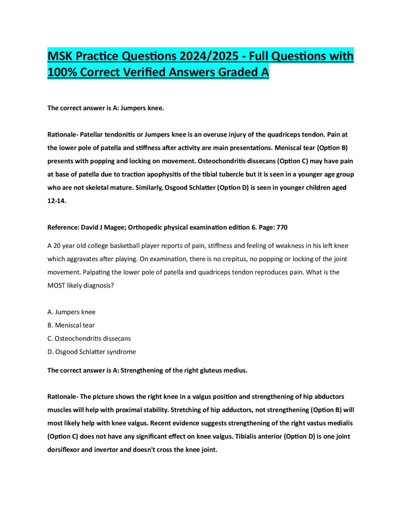 MSK Practice Questions 2024/2025 - Full Questions with 100% Correct ...