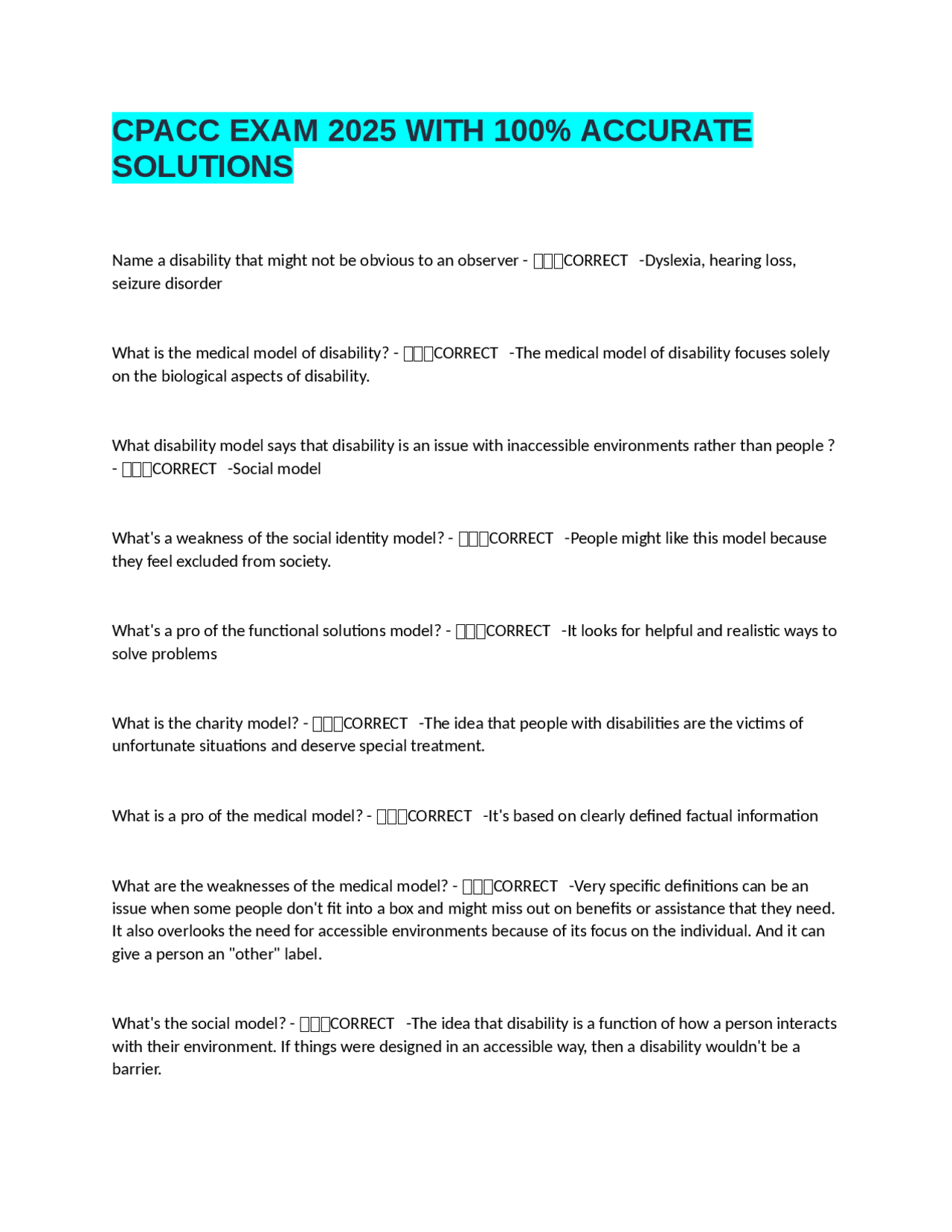 Disability Studies: Exam Questions and Answers | Exams Nursing | Docsity