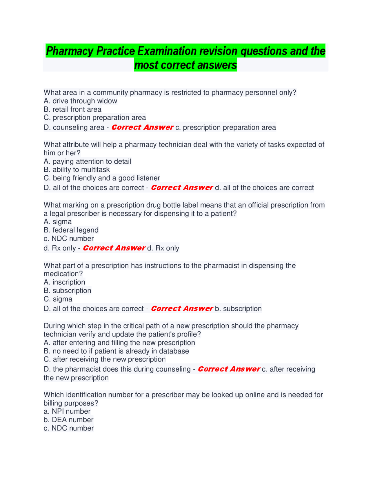 Pharmacy Practice Examination Revision Questions and Answers | Exams ...