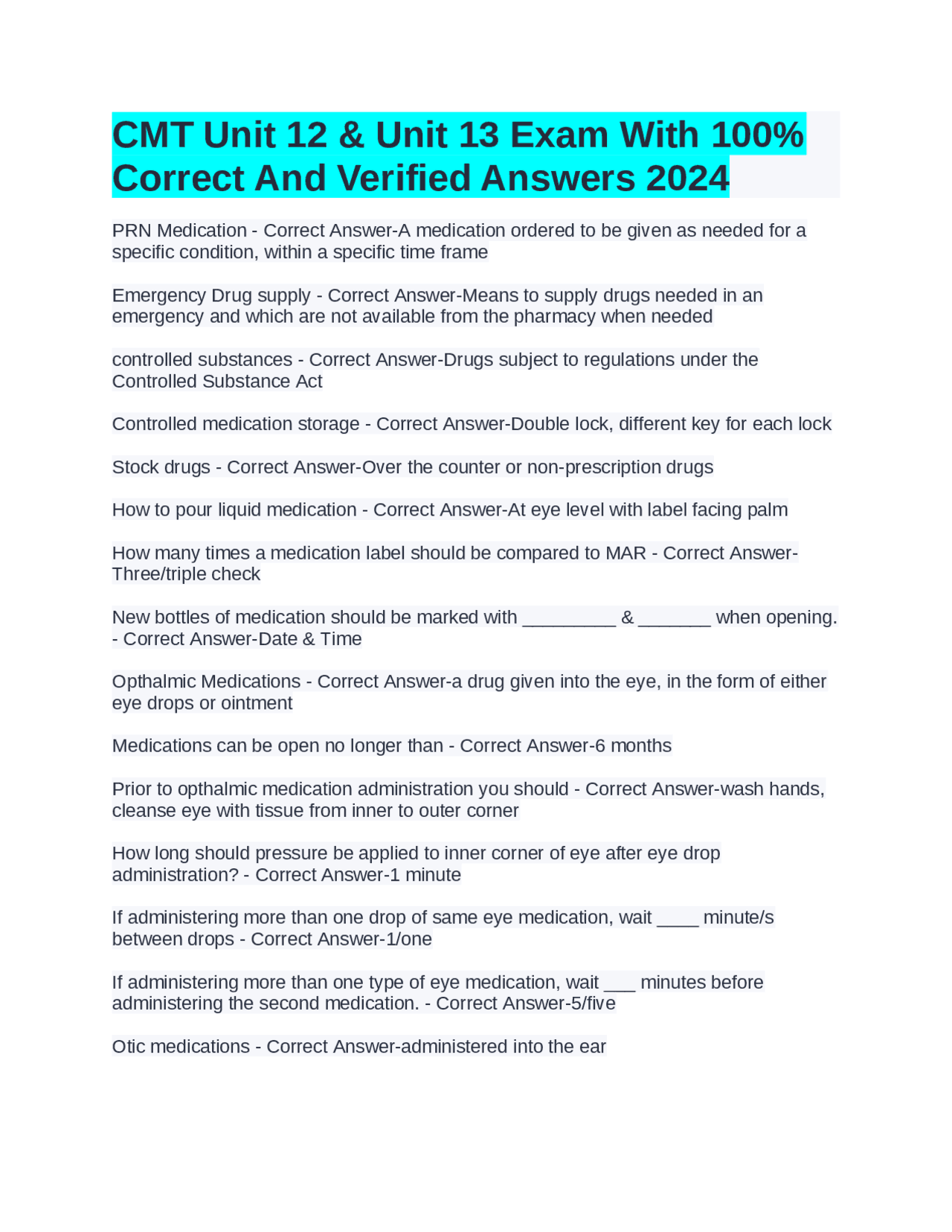 CMT Unit 12 & Unit 13 Exam: Medication Administration | Exams Advanced ...