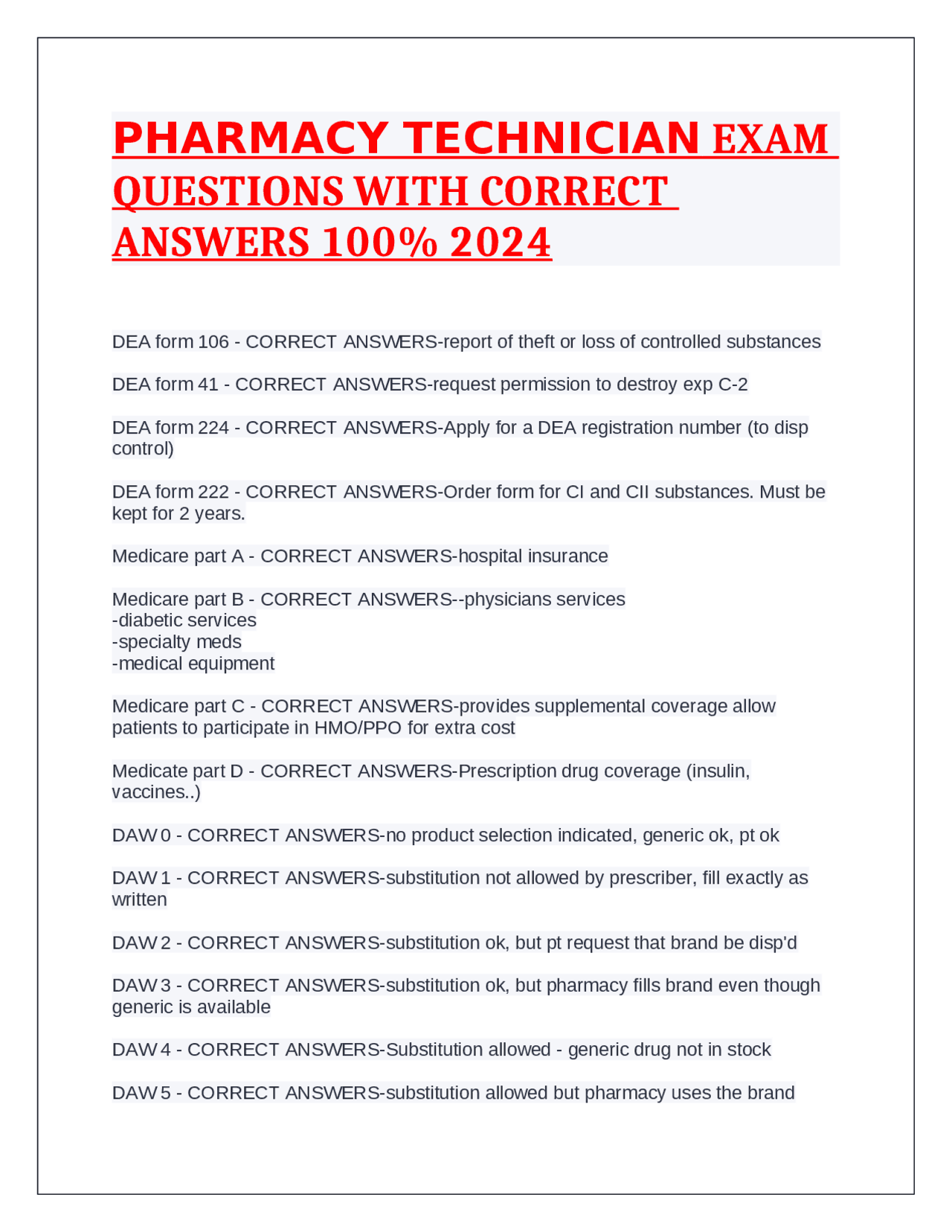 PHARMACY TECHNICIAN EXAM QUESTIONS WITH CORRECT ANSWERS 100% 2024 ...