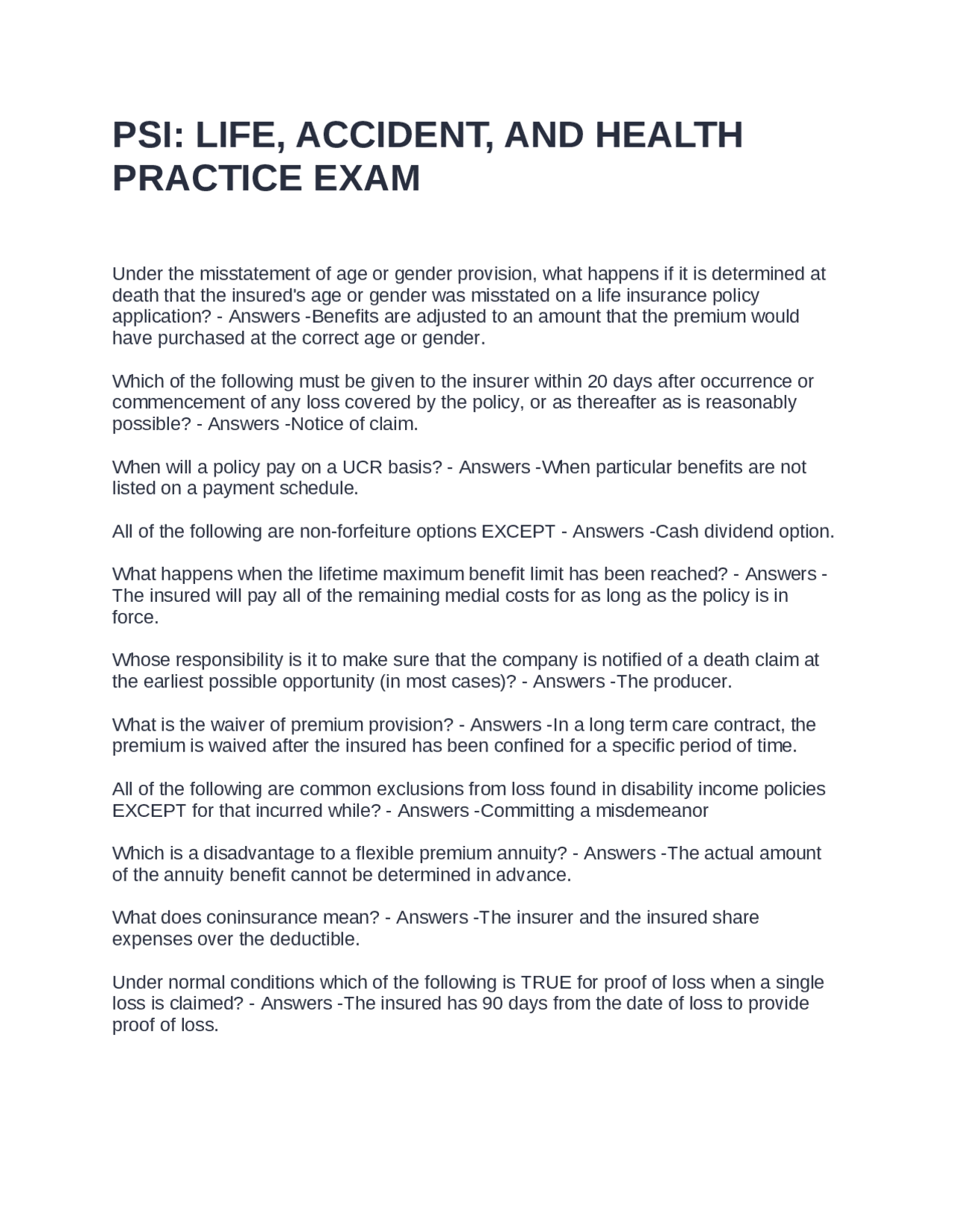 PSI: Life, Accident, and Health Practice Exam | Exams Business ...