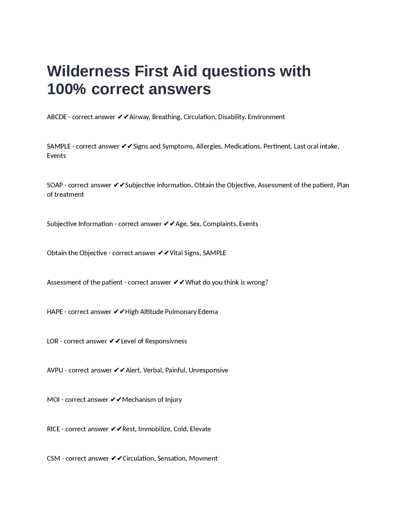 Wilderness First Aid questions with 100% correct answers | Exams ...