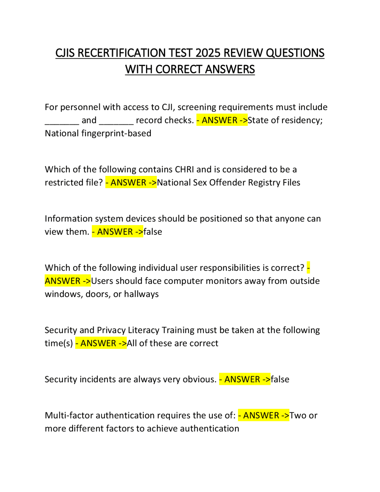CJIS RECERTIFICATION TEST 2025 REVIEW QUESTIONS WITH CORRECT ANSWERS ...