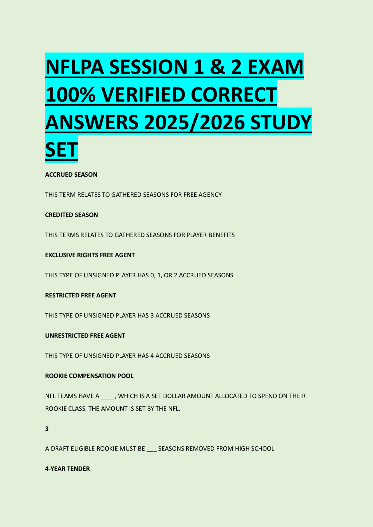 NFLPA SESSION 1 & 2 EXAM 100% VERIFIED CORRECT ANSWERS 2025/2026 STUDY ...