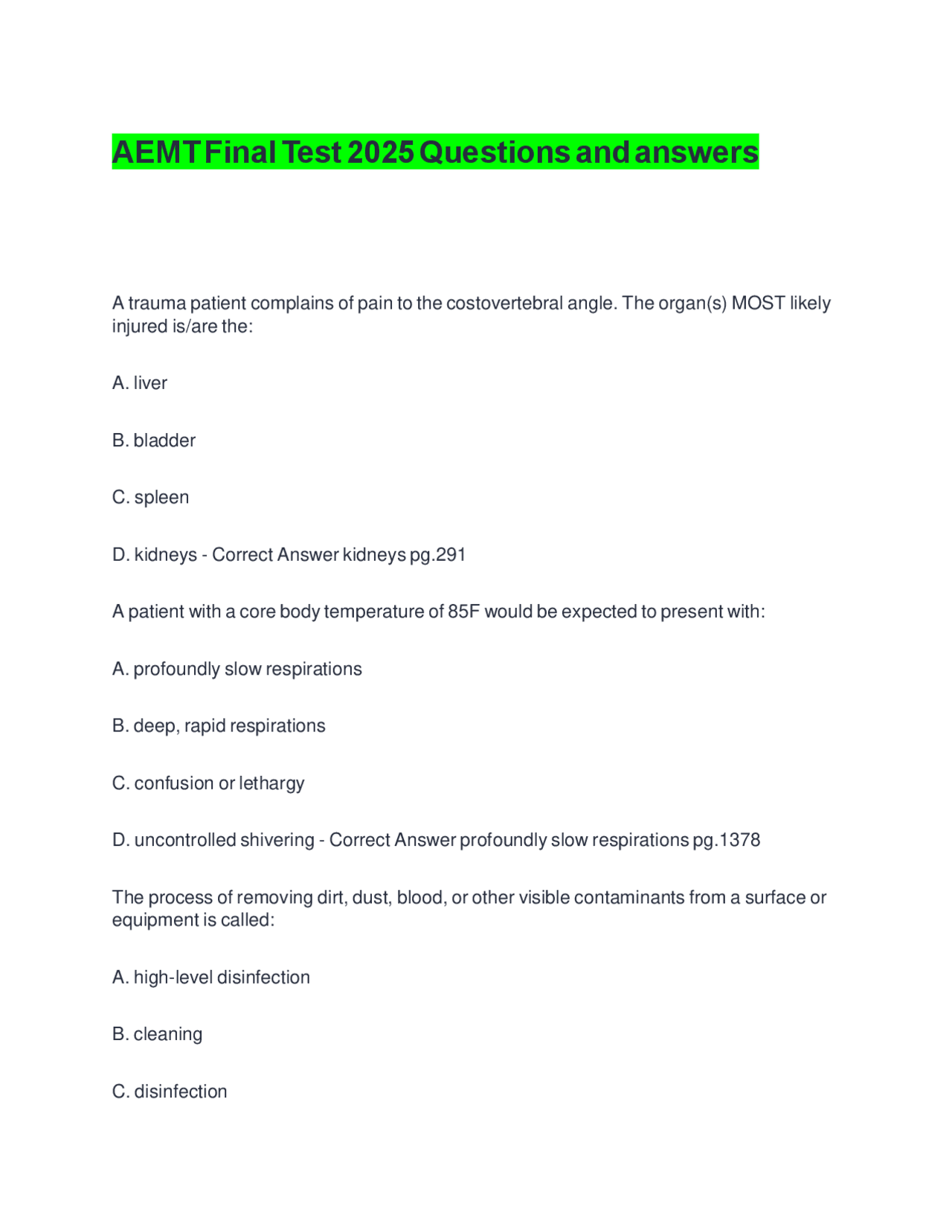 AEMT Final Test 2025: Questions and Answers | Exams Nursing | Docsity