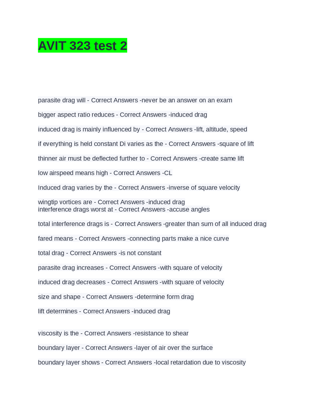 AVIT 323 Test 2: Aviation Drag and Aerodynamics | Exams Nursing | Docsity