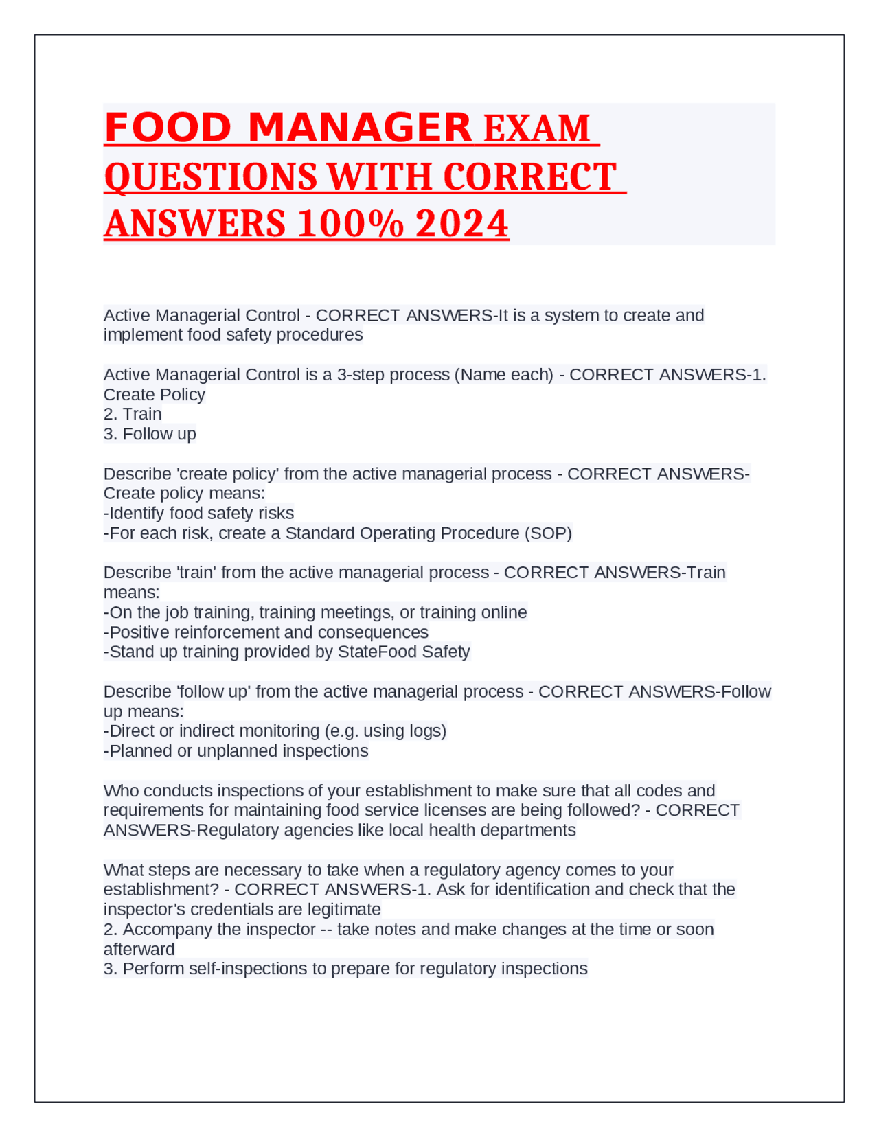 Food Manager Exam Questions and Answers: Active Managerial Control ...
