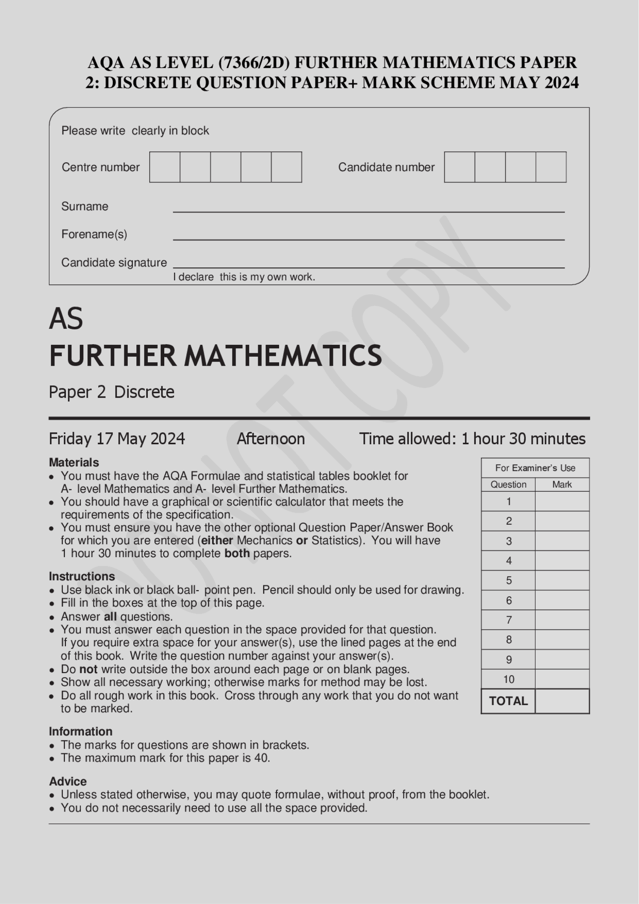 AQA AS LEVEL (7366/2D) FURTHER MATHEMATICS PAPER 2: DISCRETE QUESTION ...
