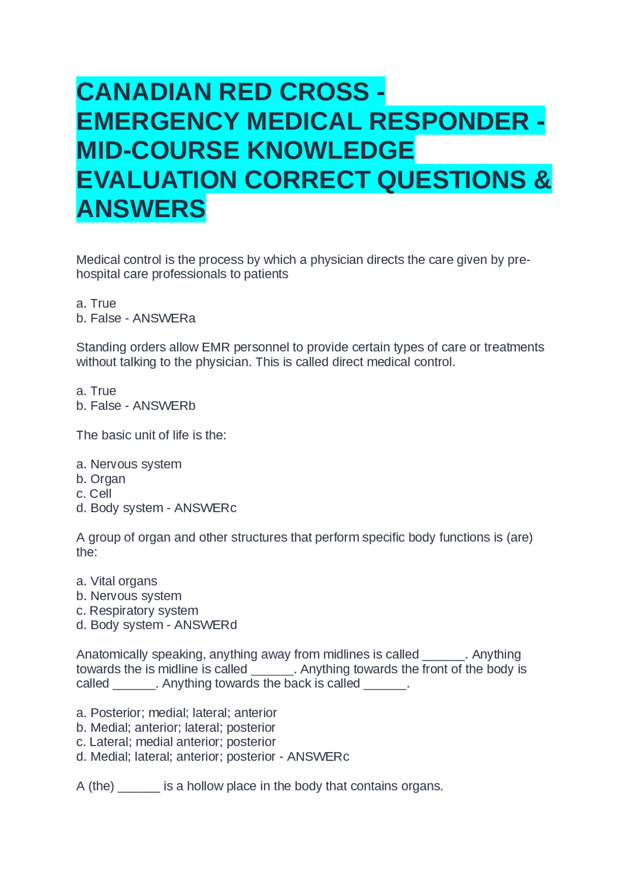 CANADIAN RED CROSS - EMERGENCY MEDICAL RESPONDER - MID-COURSE KNOWLEDGE ...