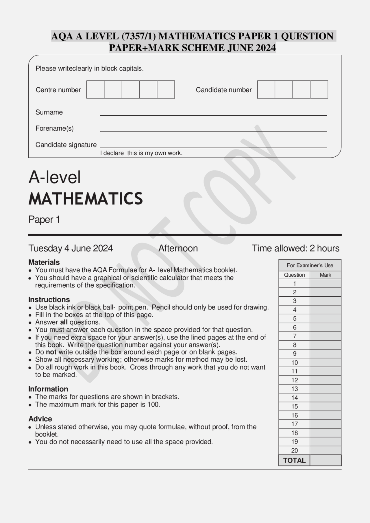 AQA A LEVEL (7357/1) MATHEMATICS PAPER 1 QUESTION PAPER+MARK SCHEME JUNE 2024 | Exams ...