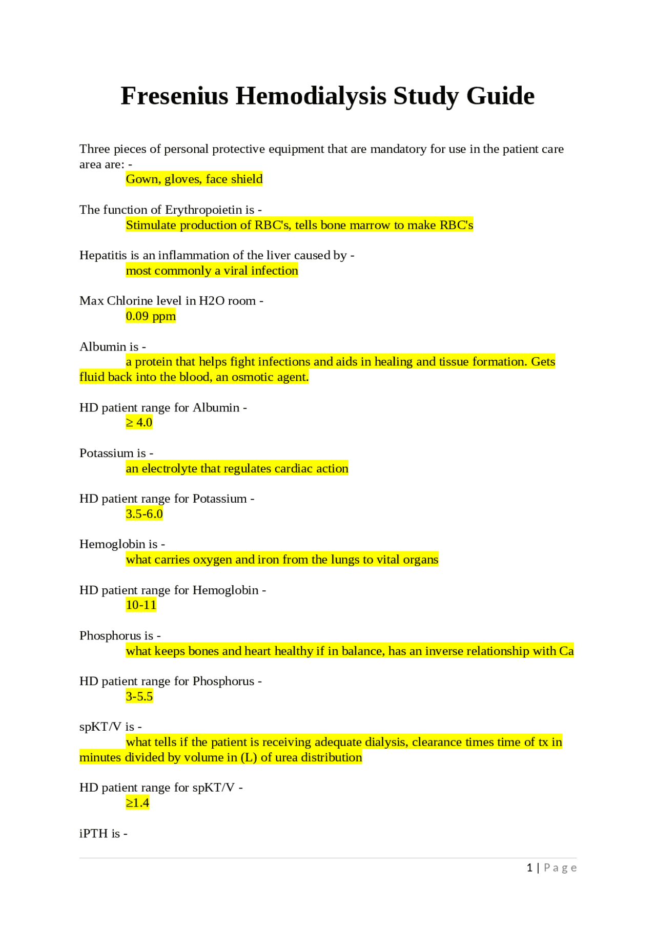Fresenius Hemodialysis Study Guide: Key Concepts and Procedures | Exams ...
