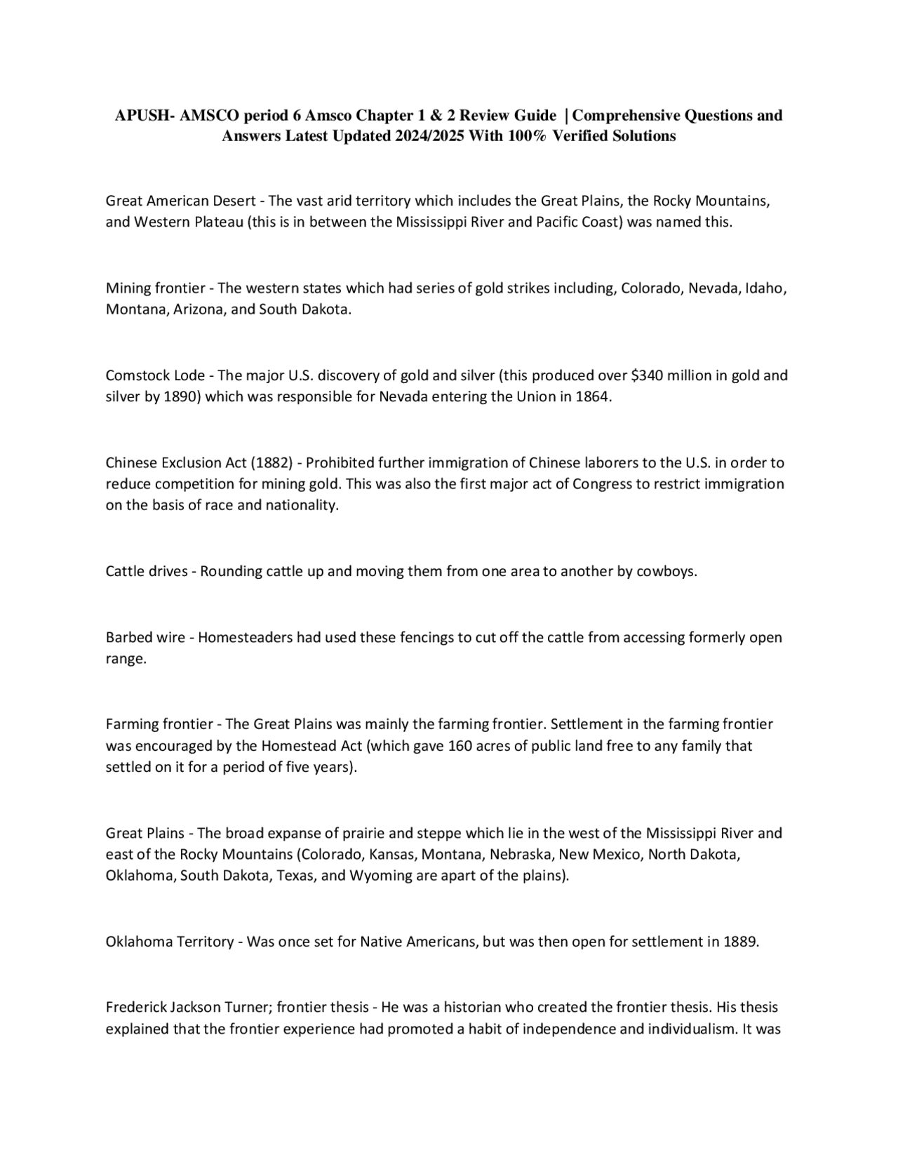 APUSH AMSCO Period 6 Review: Chapters 1 & 2 | Exams History | Docsity