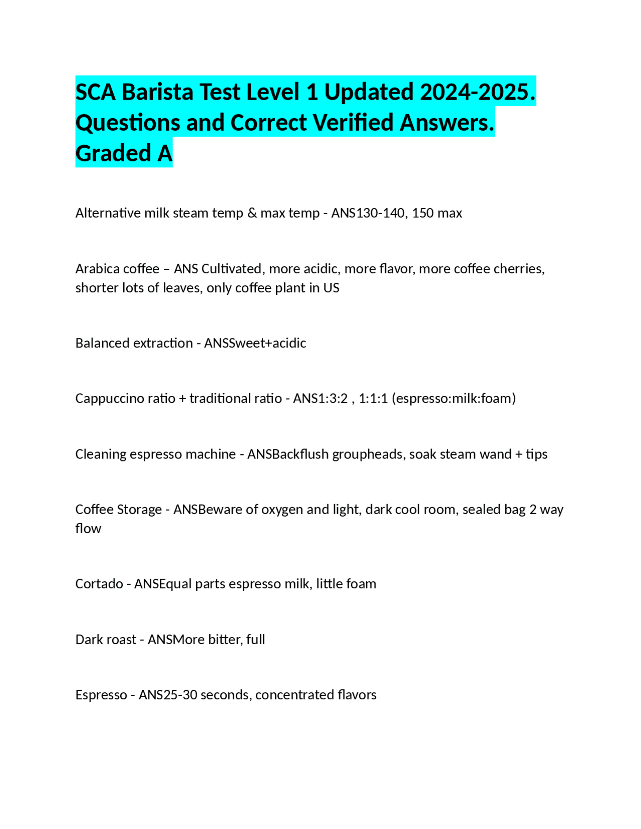 SCA Barista Test Level 1 Updated 2024-2025. Questions & Correct ...
