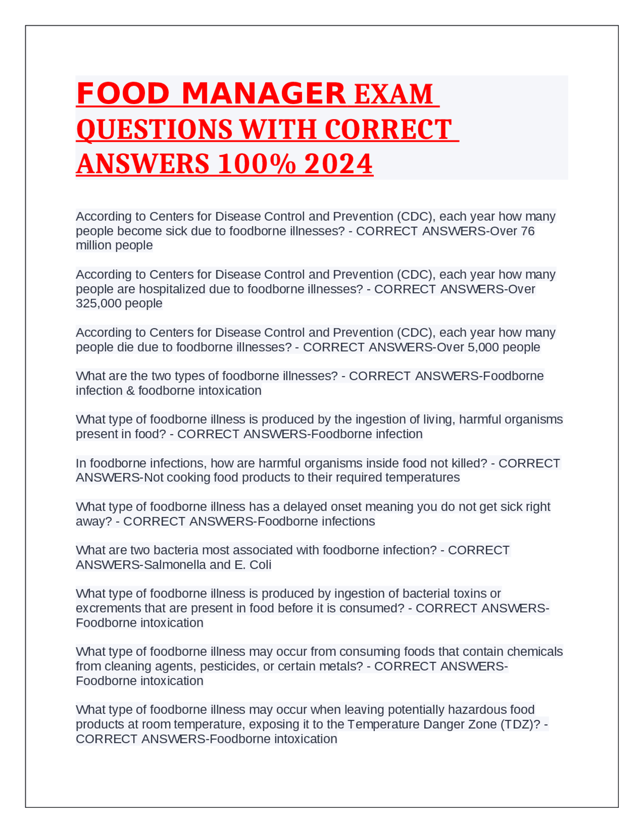 Food Manager Exam Questions and Answers: 100% Correct 2024 | Exams ...