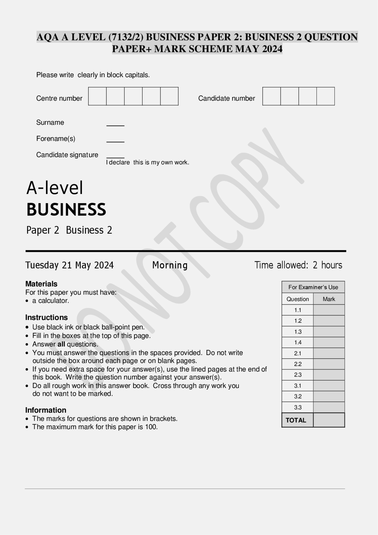 AQA A LEVEL (7132/2) BUSINESS PAPER 2: BUSINESS 2 QUESTION PAPER+ MARK ...