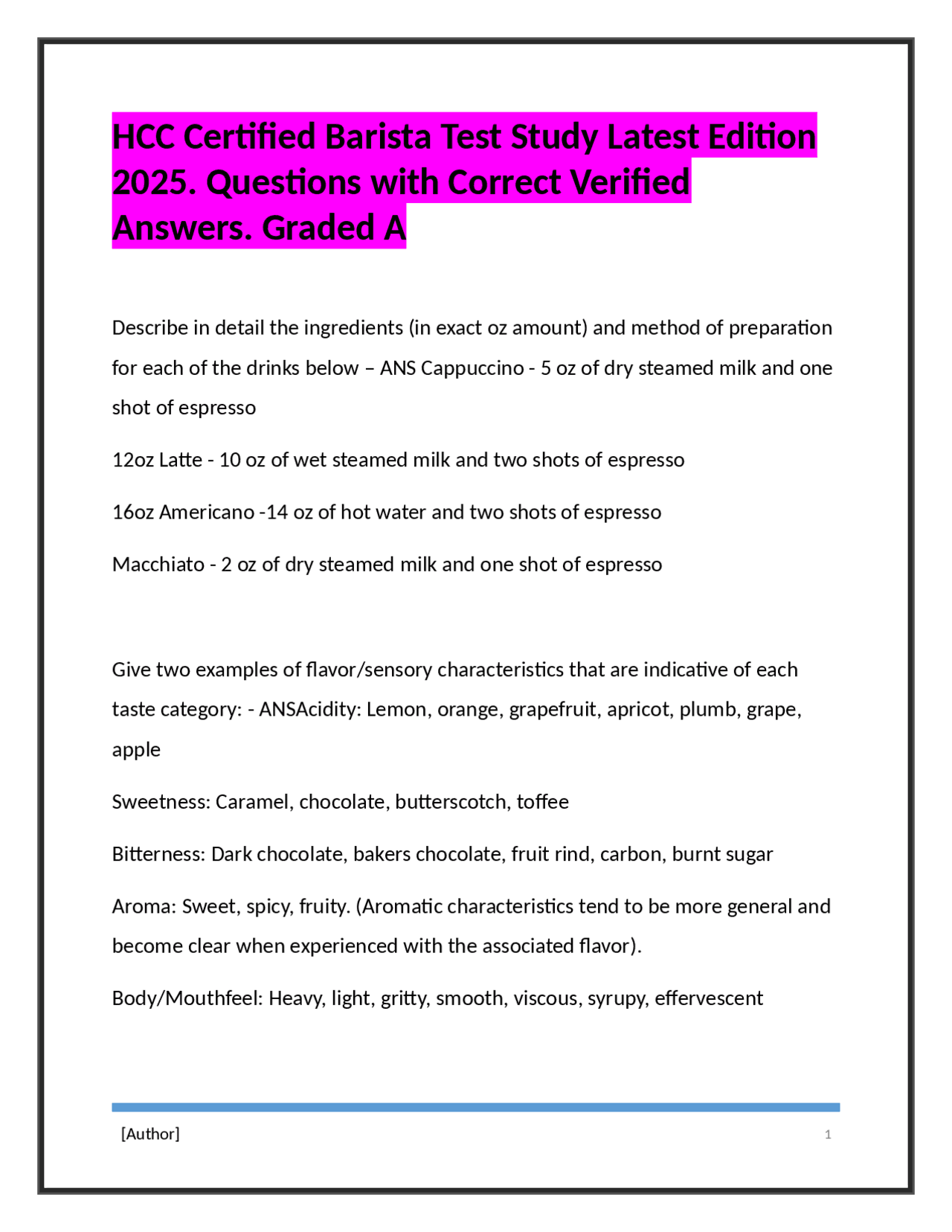 HCC Certified Barista Test Study Latest Edition 2025. Questions with ...