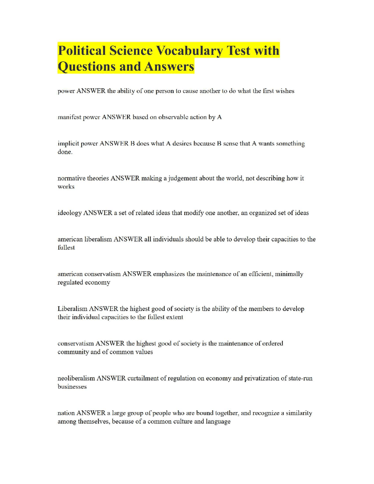 Political Science Vocabulary Test with Questions and Answers | Exams ...