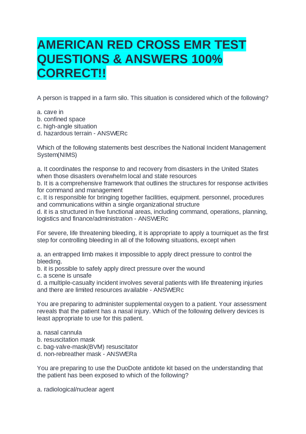 American Red Cross EMR Test Questions & Answers | Exams Nursing | Docsity