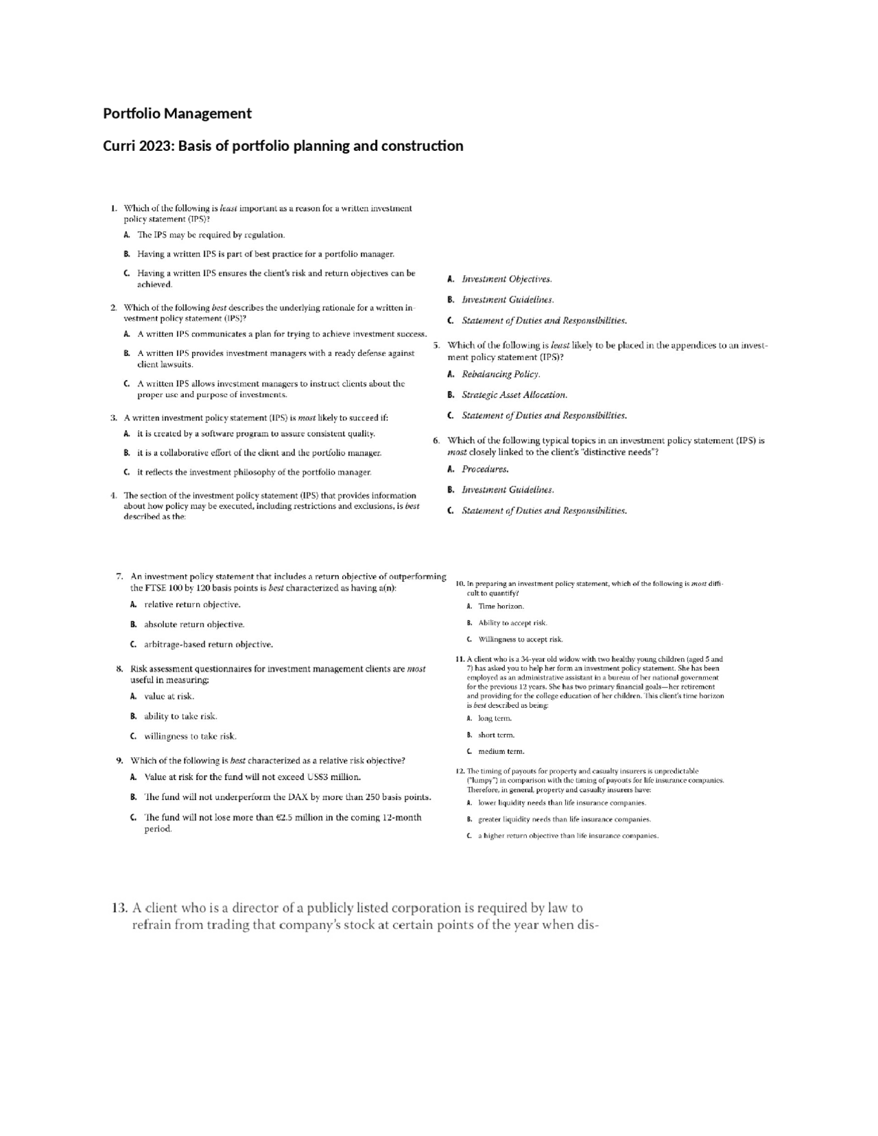 Portfolio Management | Summaries Finance | Docsity