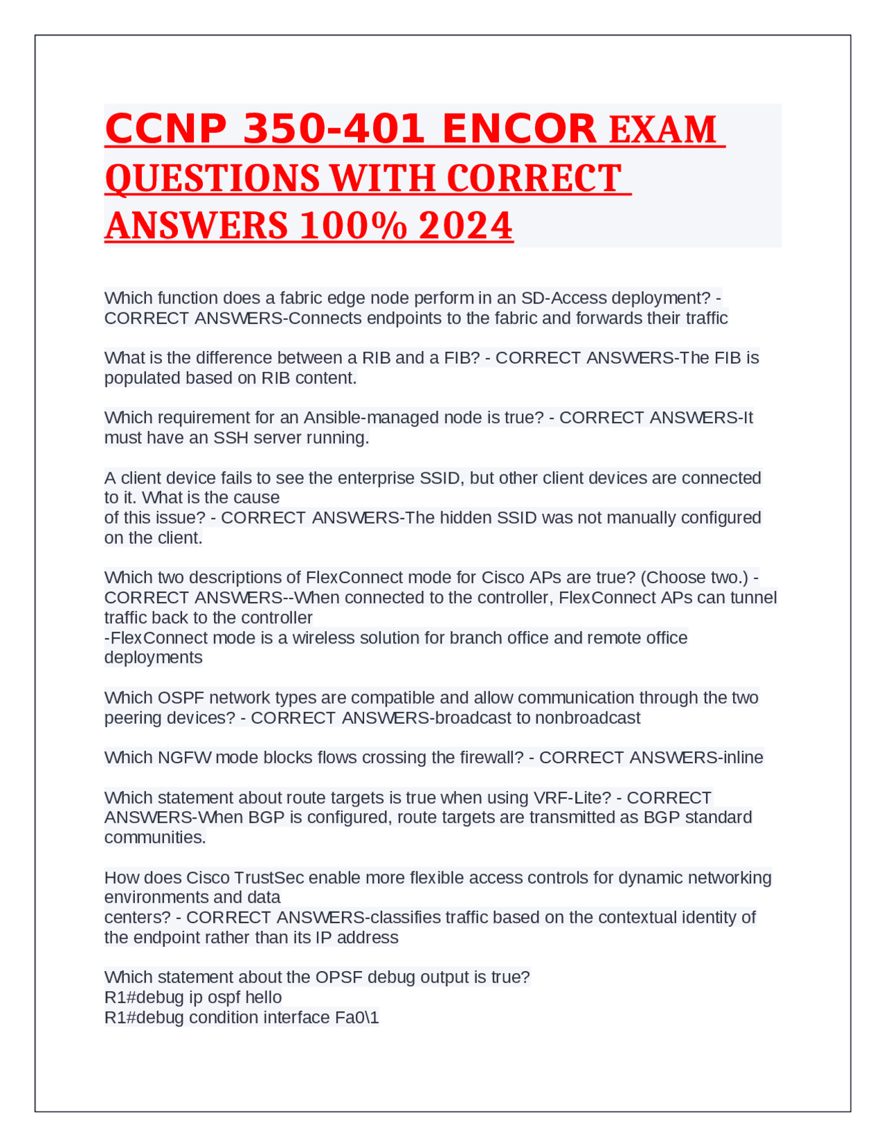 CCNP 350-401 ENCOR Exam Questions and Answers | Exams Advanced Education | Docsity