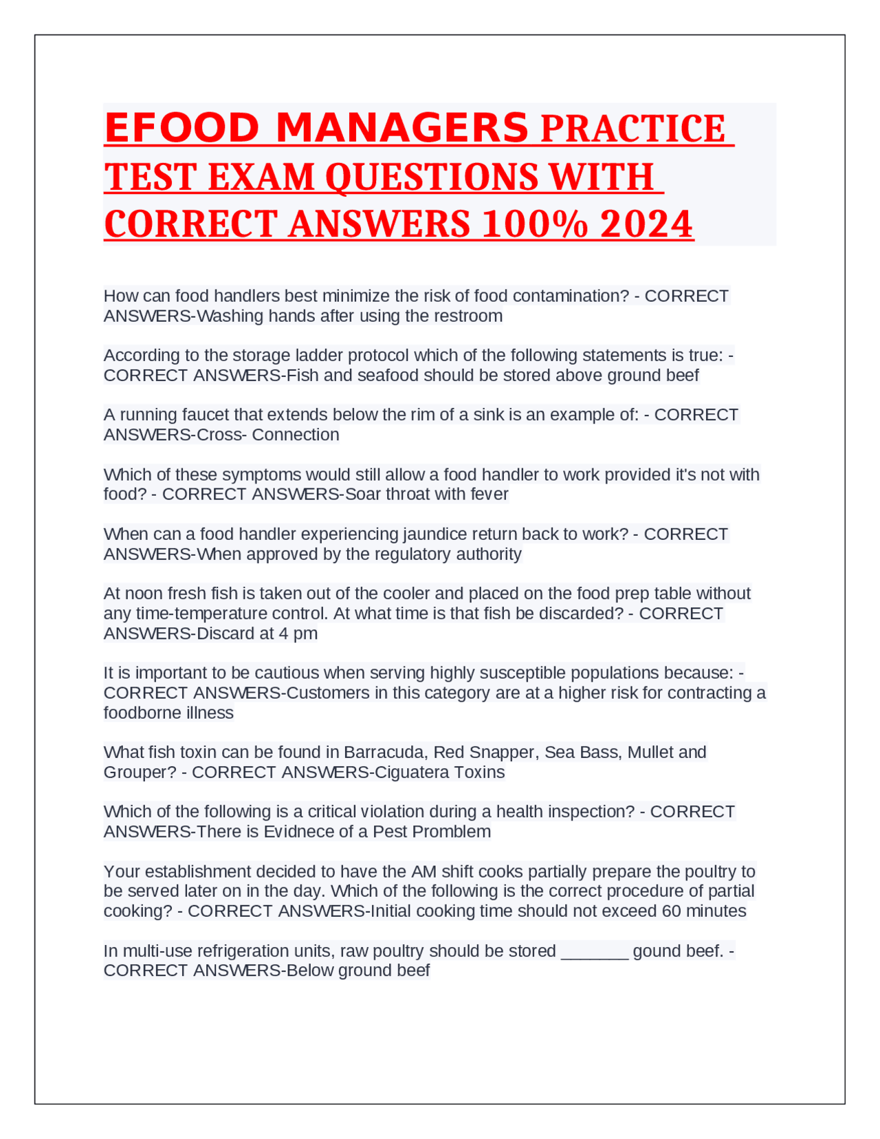 Food Safety Practice Test Exam Questions with Correct Answers | Exams ...