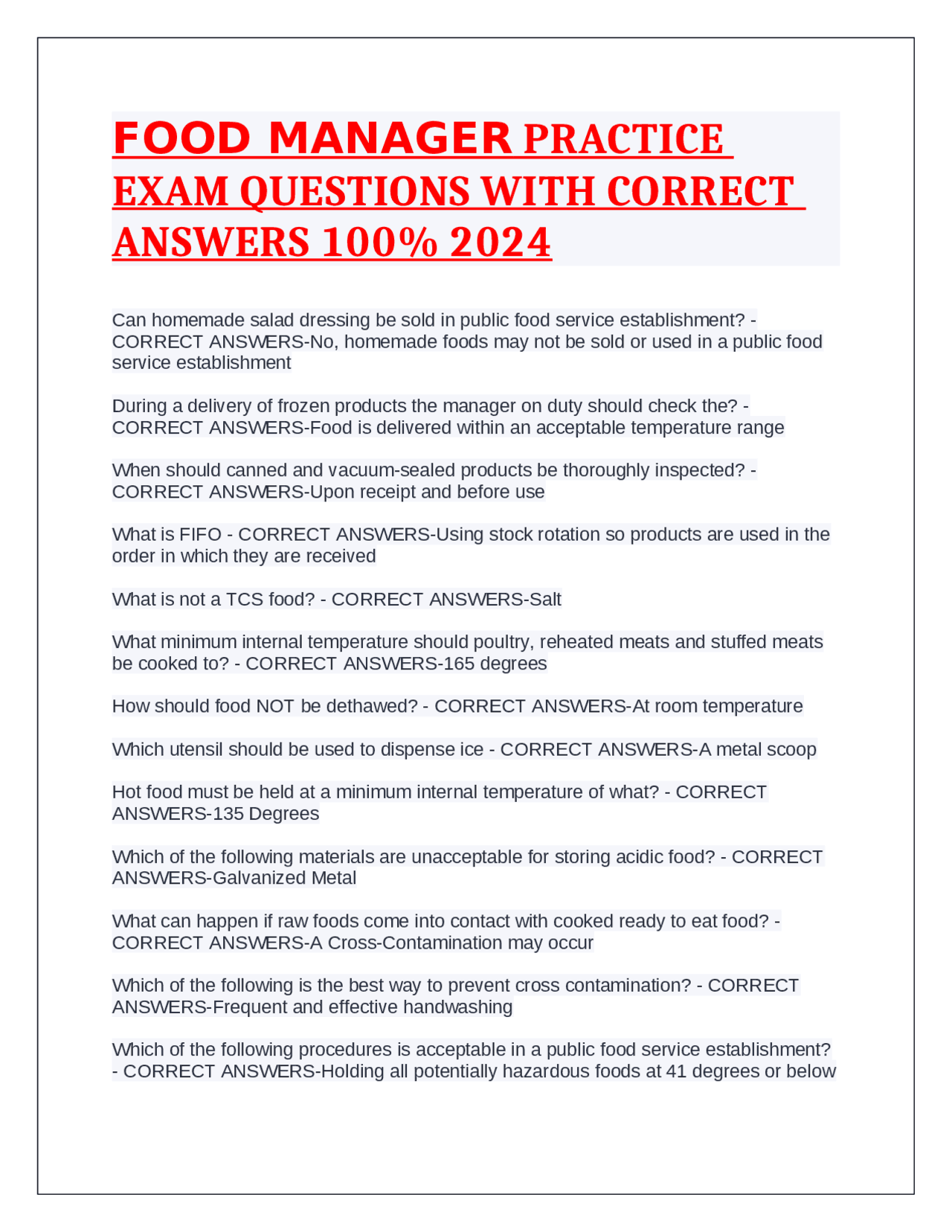 Food Safety Practice Exam Questions with Correct Answers | Exams ...