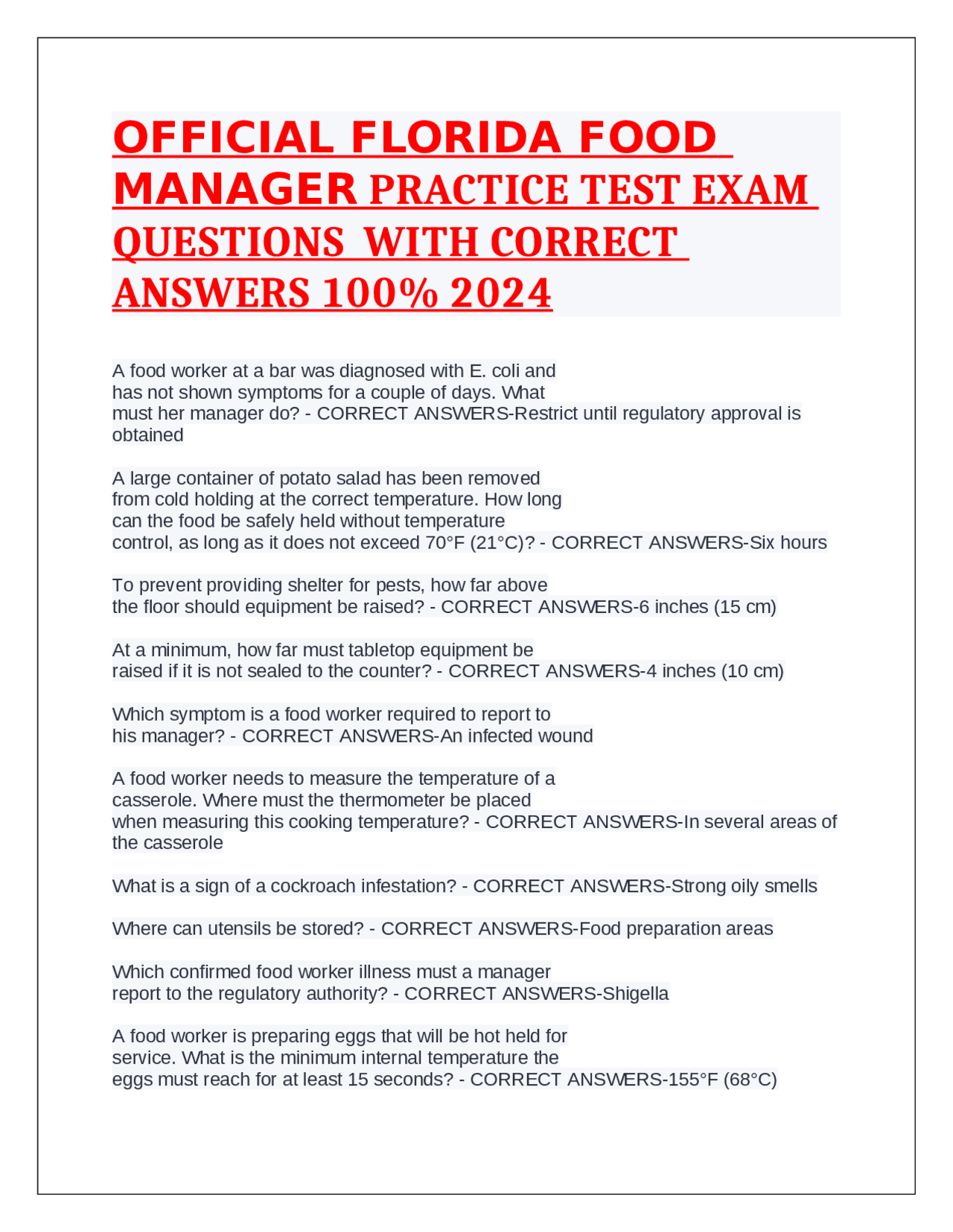 Florida Food Manager Practice Test Exam Questions and Answers | Exams ...