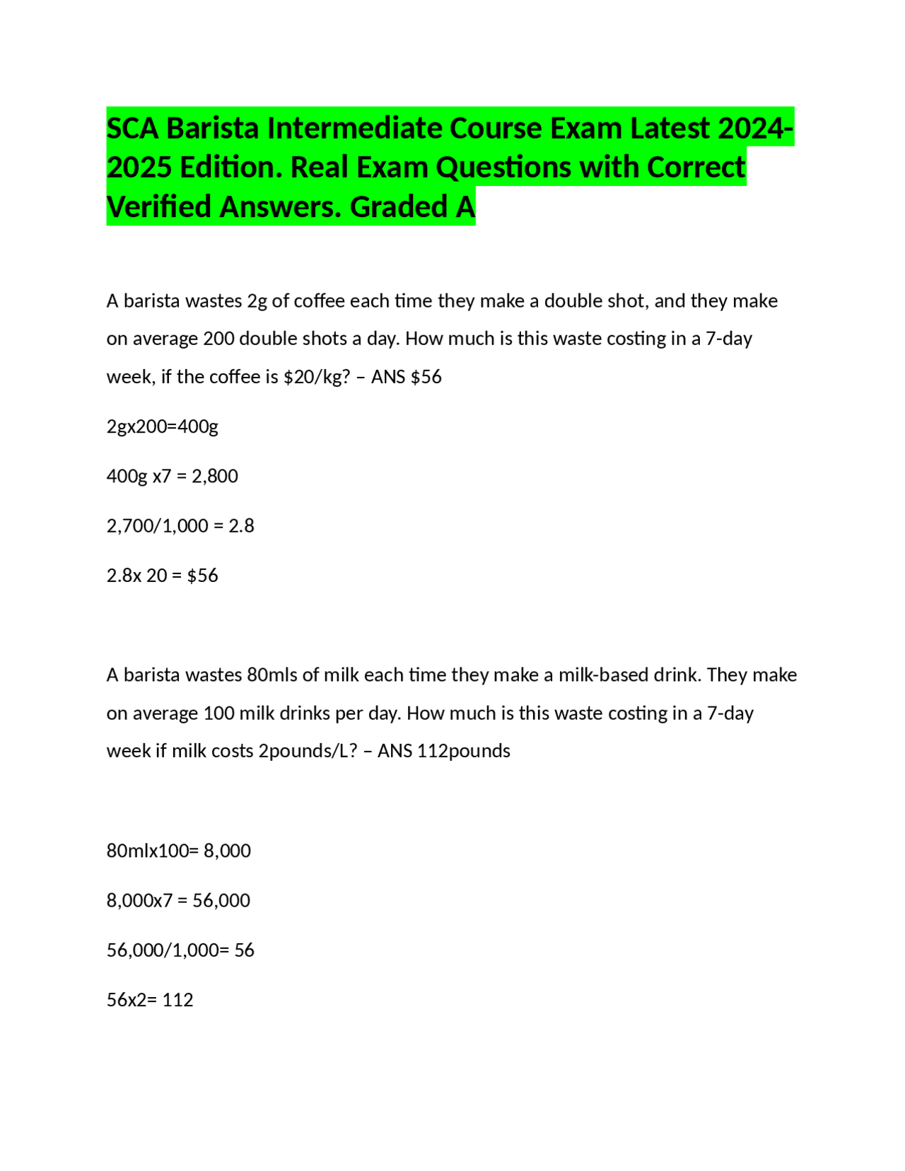 SCA Barista Intermediate Course Exam Latest 2024-2025 Edition. Real ...