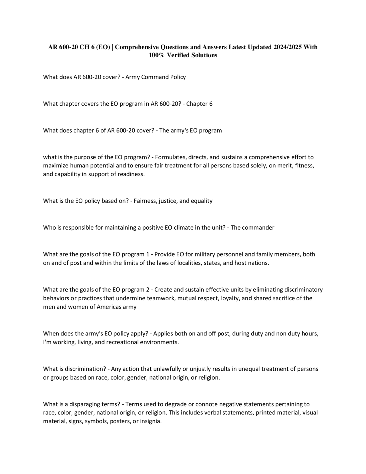 AR 600-20 Chapter 6: Equal Opportunity (EO) - Comprehensive Questions ...