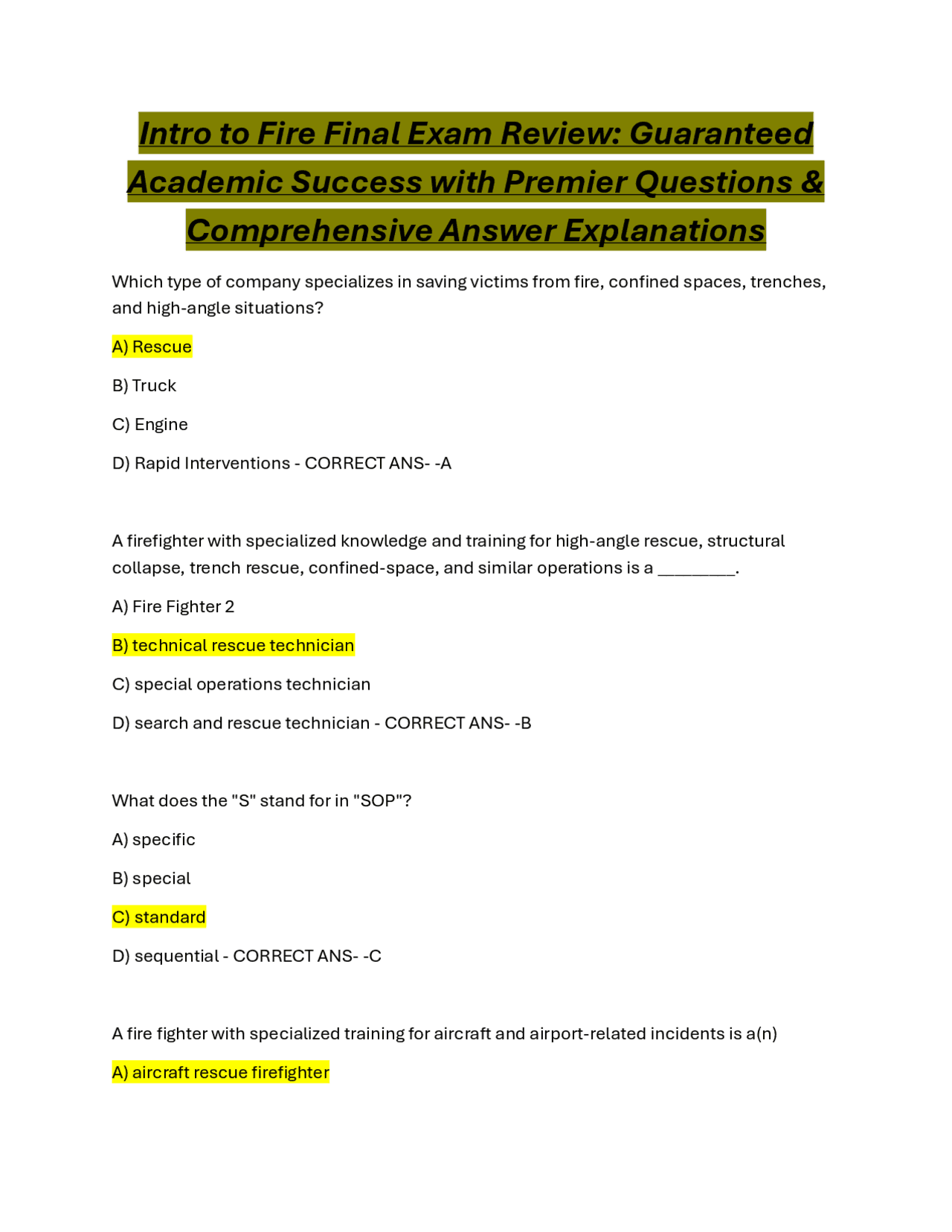 Intro to Fire Final Exam Review: Multiple Choice Questions and Answers ...