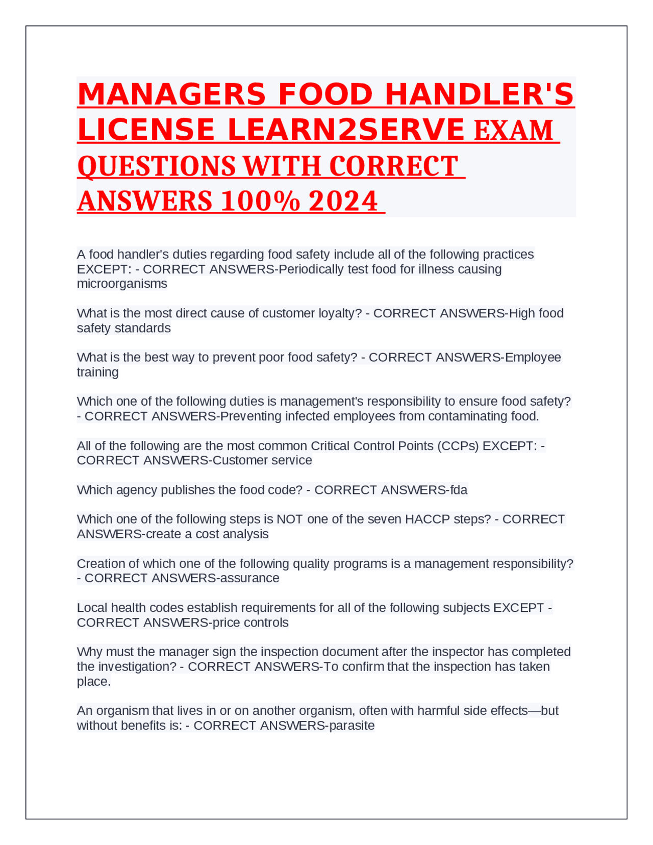 MANAGERS FOOD HANDLER'S LICENSE LEARN2SERVE EXAM QUESTIONS WITH CORRECT ...