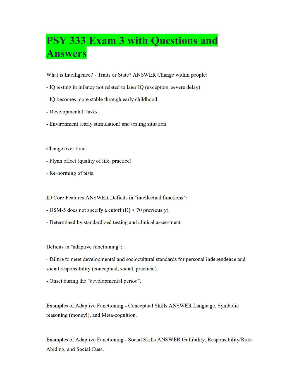 PSY 333 Exam 3 with Questions and Answers | Exams Psychology | Docsity
