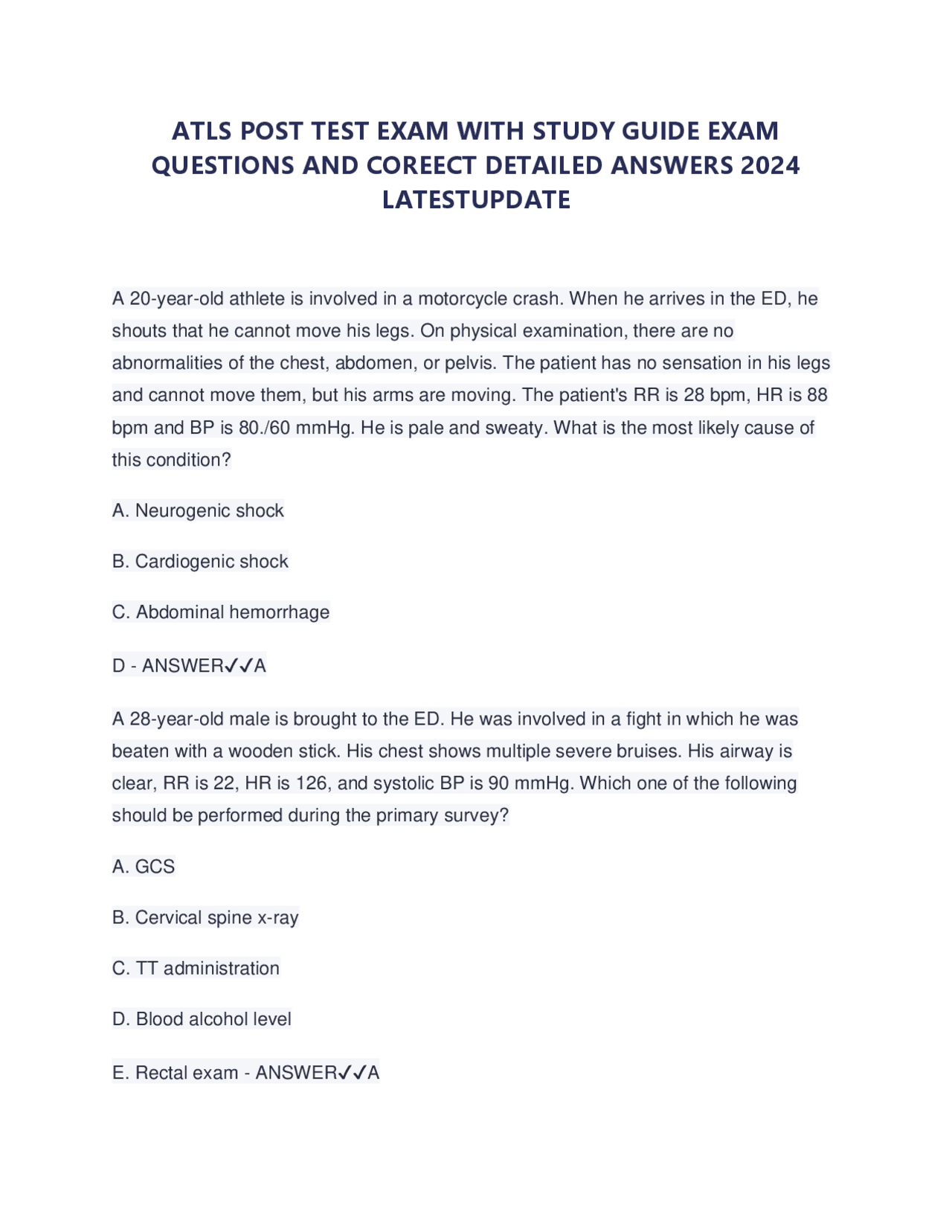 ATLS POST TEST EXAM WITH STUDY GUIDE EXAM QUESTIONS AND COREECT ...