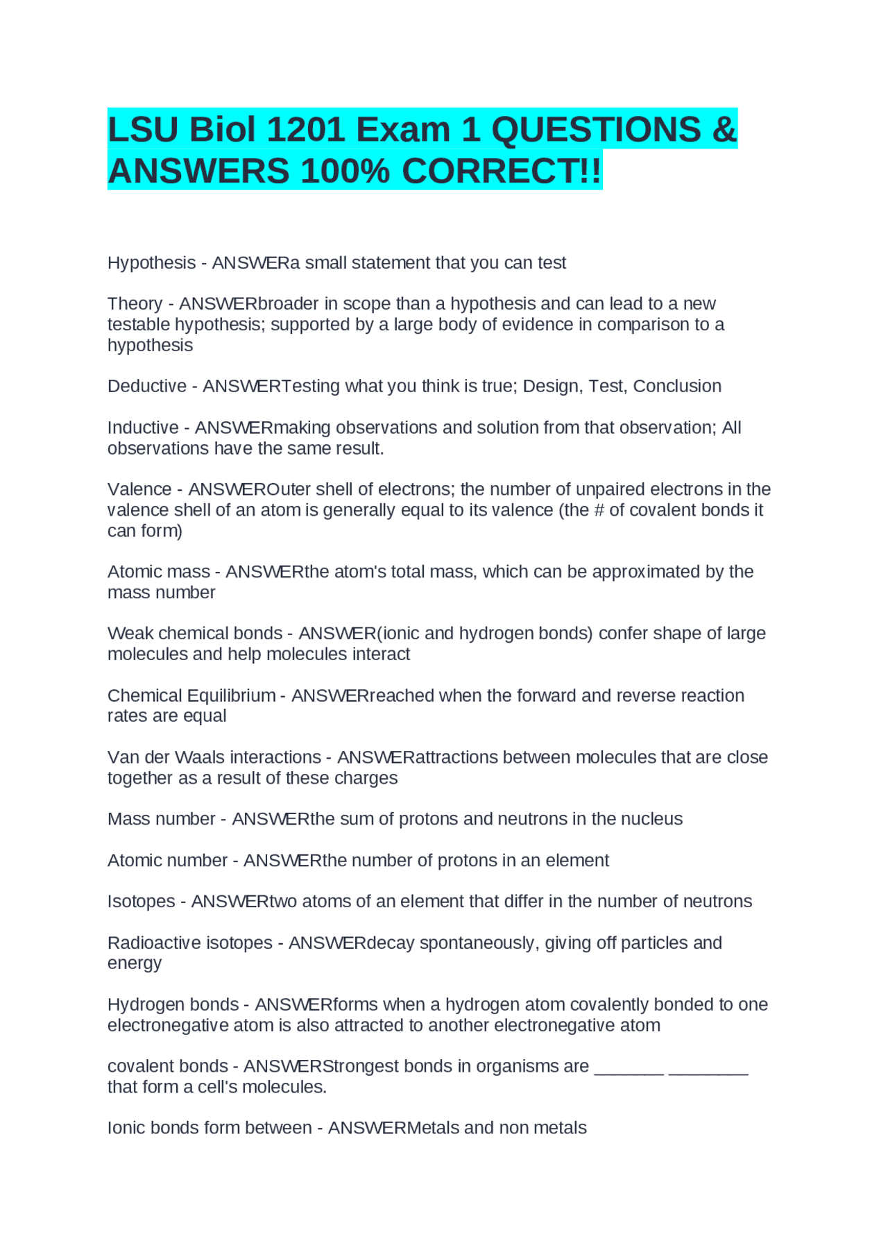 LSU Biol 1201 Exam 1 Questions & Answers: Key Concepts in Biology ...